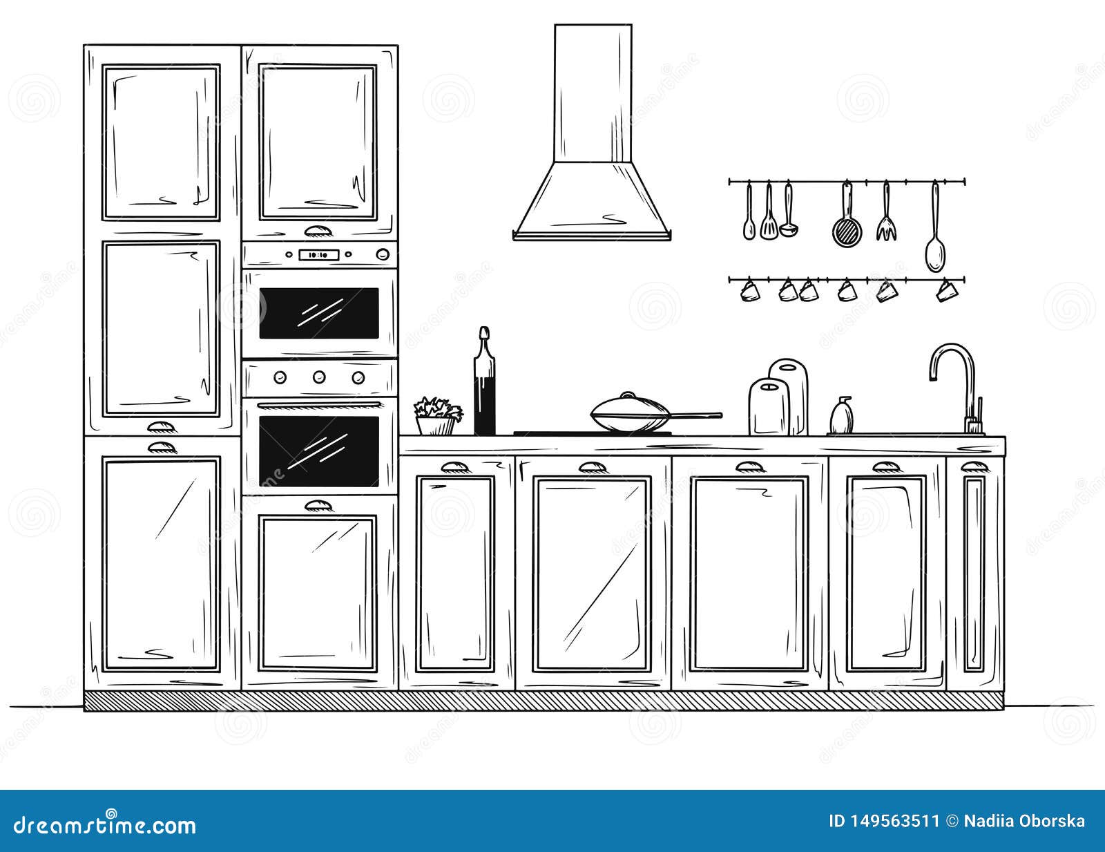 Sketch of the Kitchen, Front View. Vector Stock Illustration ...