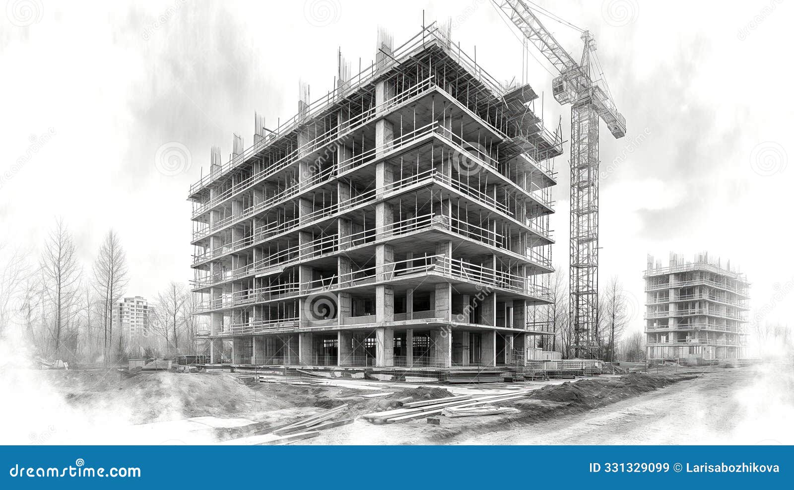 Sketch of a Large Building Under Construction, Featuring Scaffolding ...