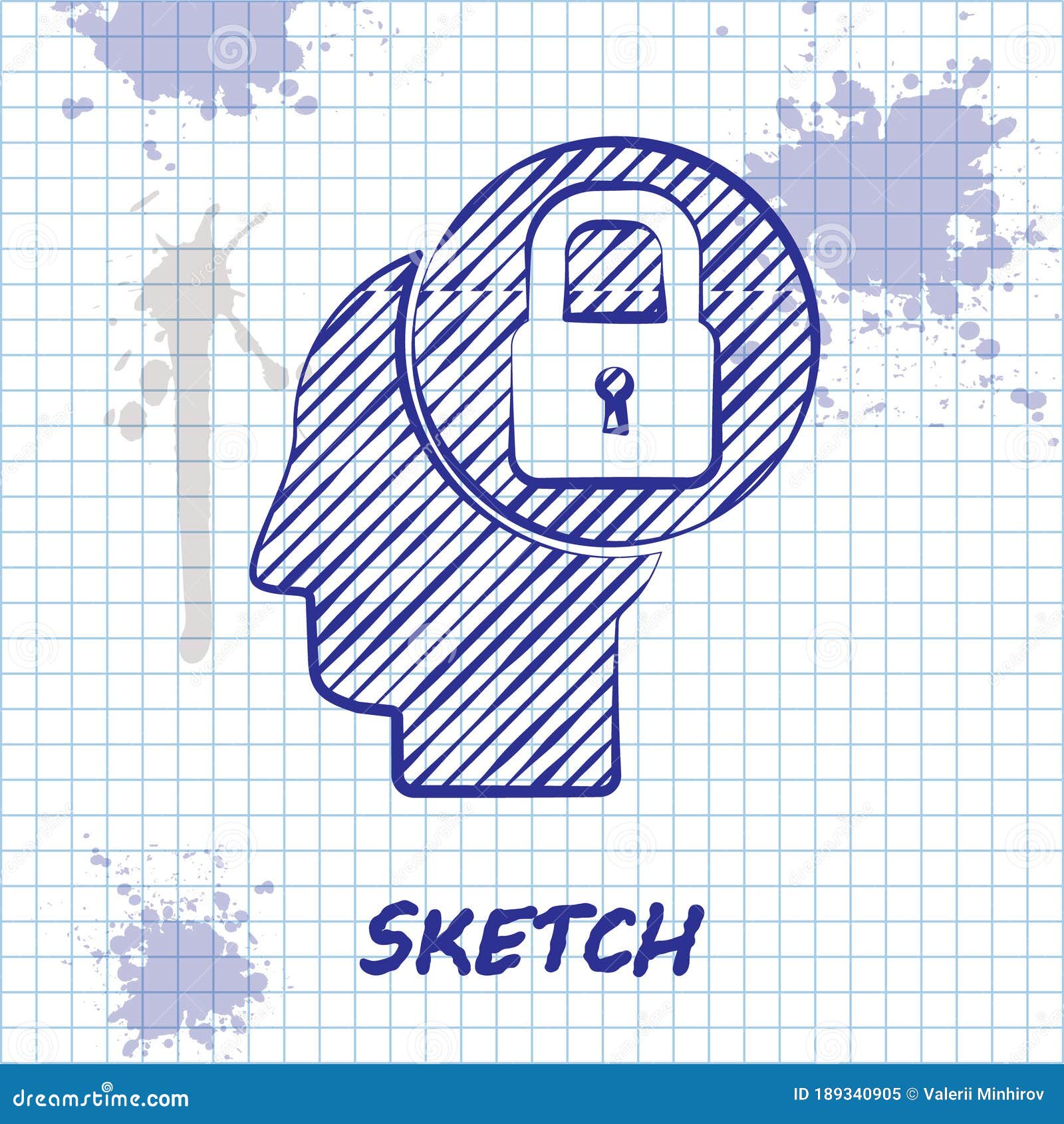 Sketch Line Human Head with Lock Icon Isolated on White Background ...