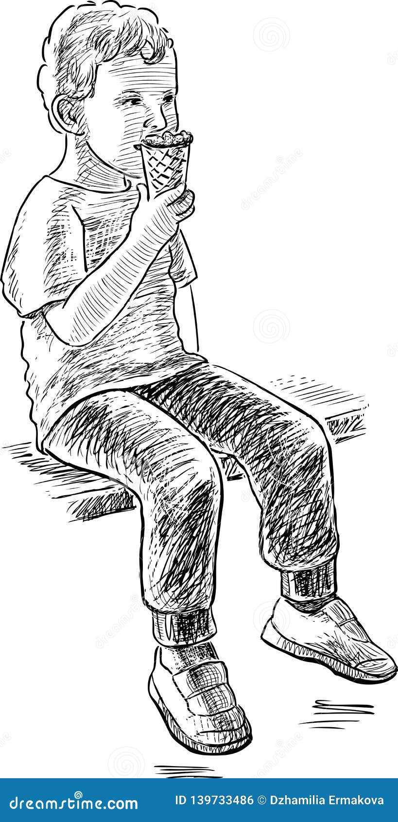 A Sketch of a Little Boy Eating Ice Cream Stock Vector - Illustration ...