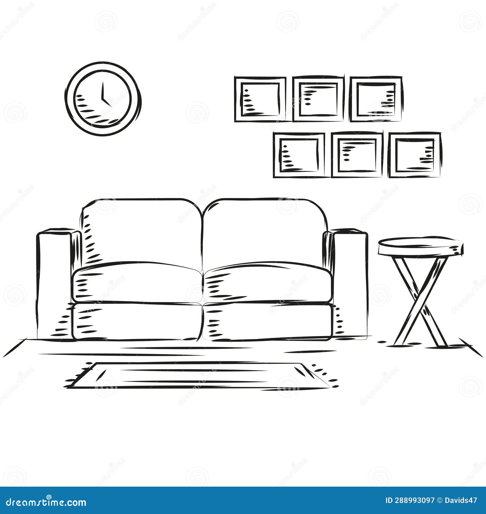 Sketch of a Living Room Design with Couch and a Table Vector Stock ...