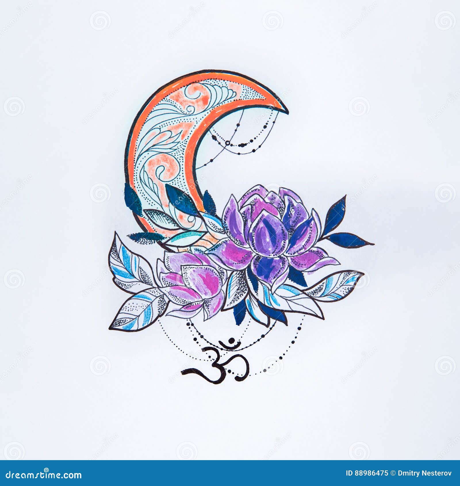 Sketch of a Lotus and Moon on White Background. Stock Illustration ...