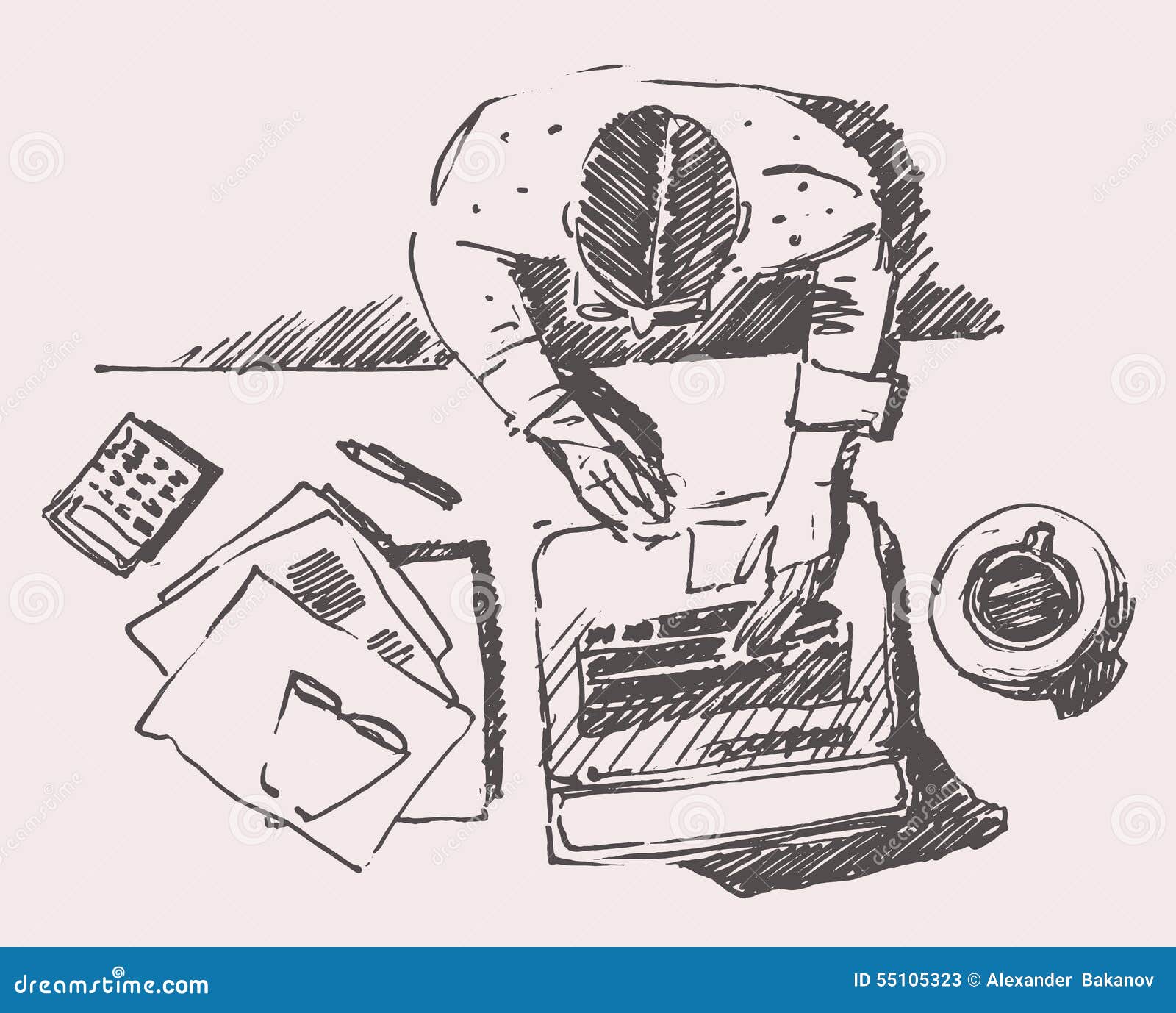 Sketch of Man with Computer Office Work Hand Drawn Stock Vector ...