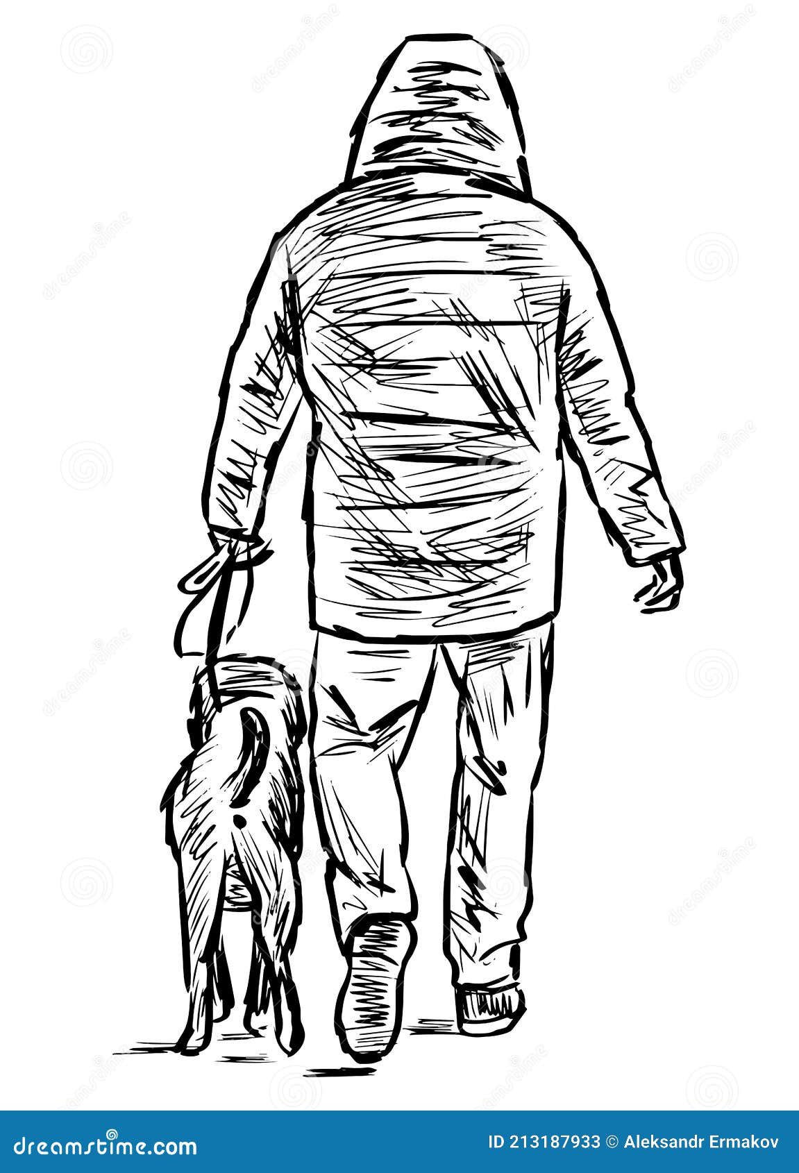 Sketch of Man with Dog Walking Outdoors Stock Vector - Illustration of ...