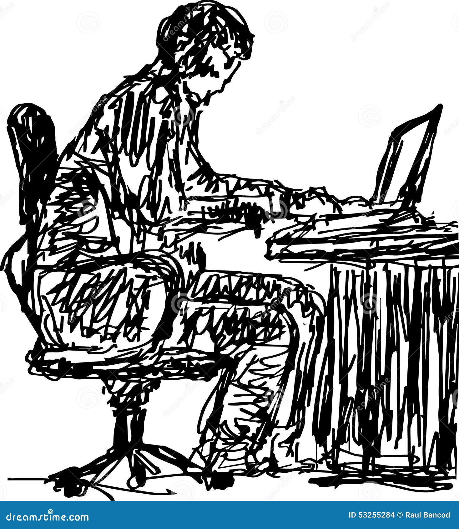 Sketch of a Man Working Behind Computer Table Stock Illustration ...