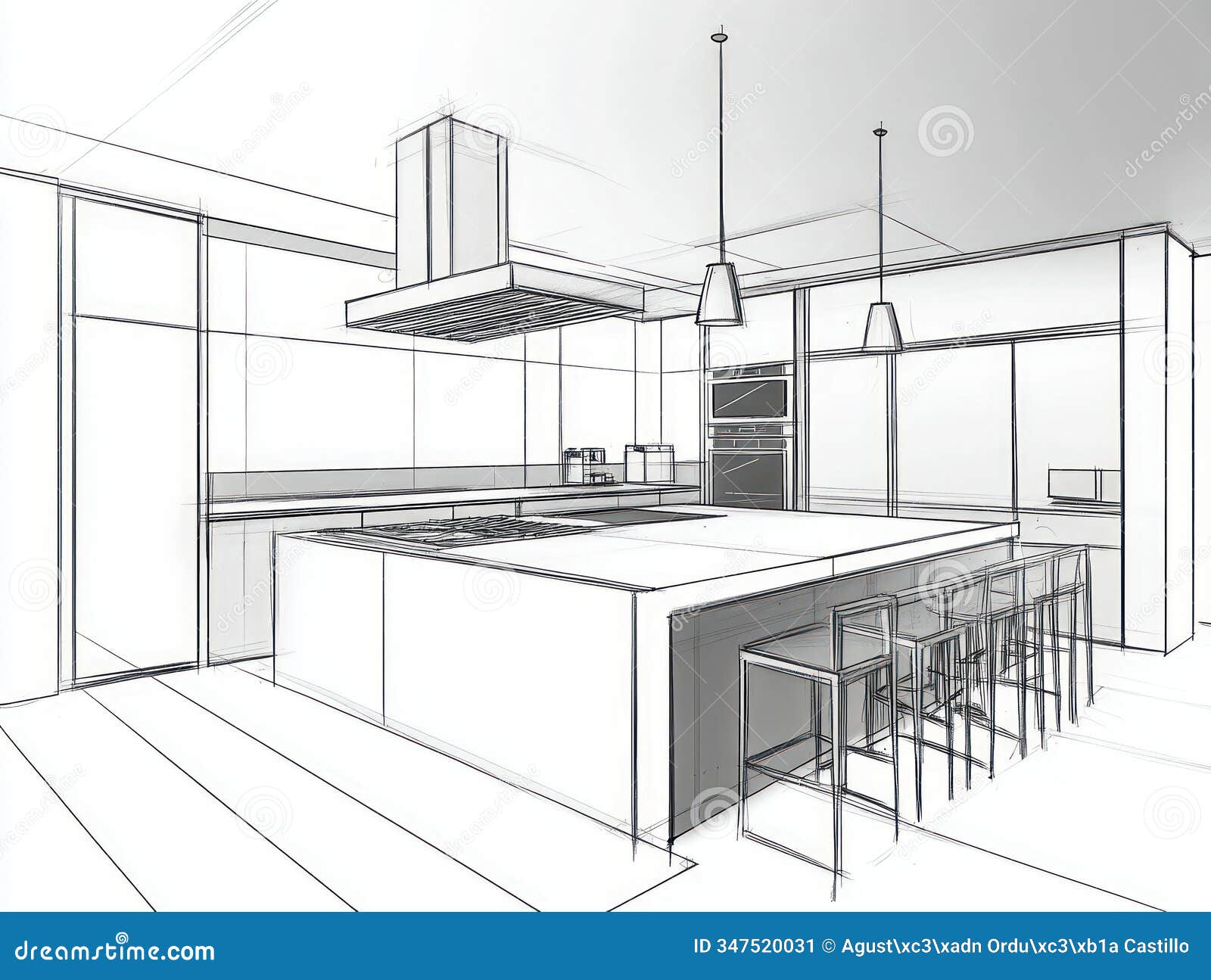 Sketch of Modern Kitchen Layout with Cabinets and Appliances Stock ...