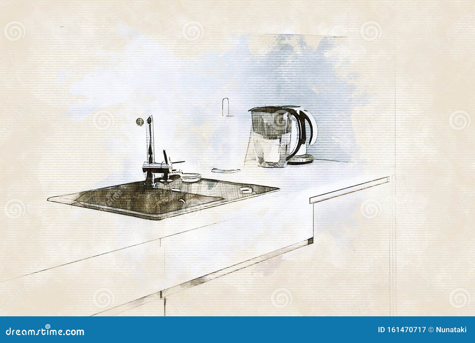 Sketch of Modern Light Kitchen with Dark Sink in Beige Colors Stock ...