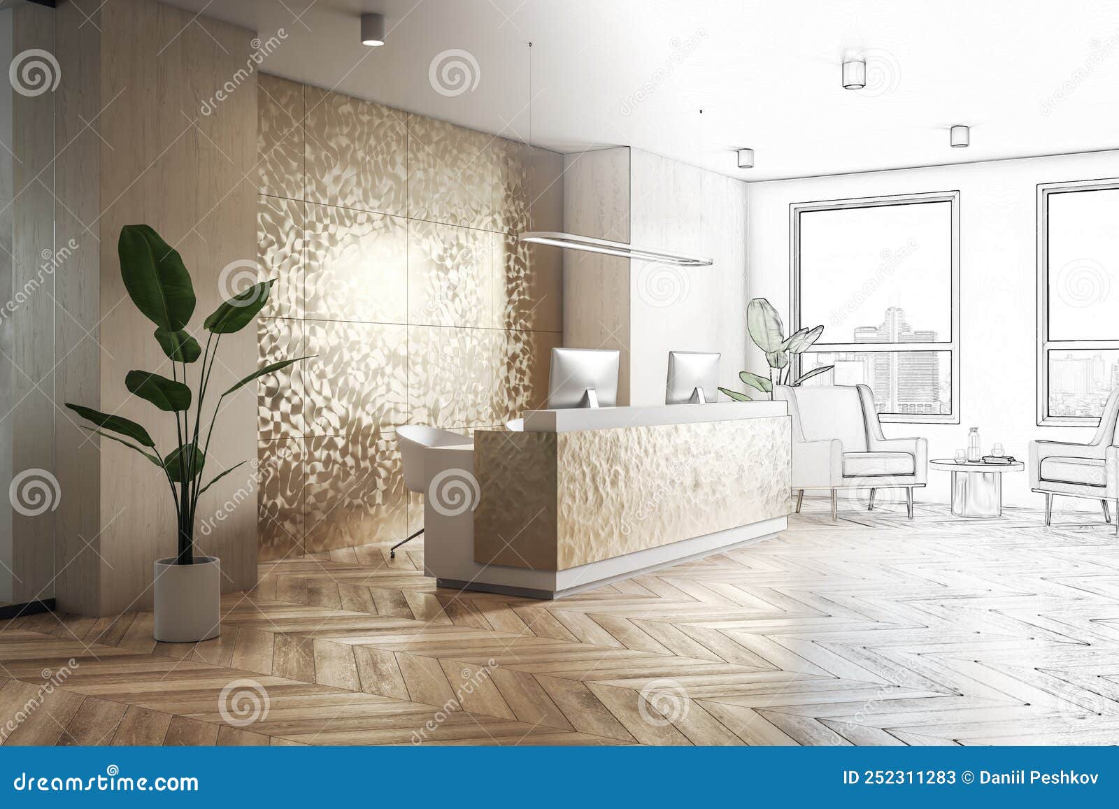 Sketch of Modern Office Reception Interior. Design, Sketching and ...