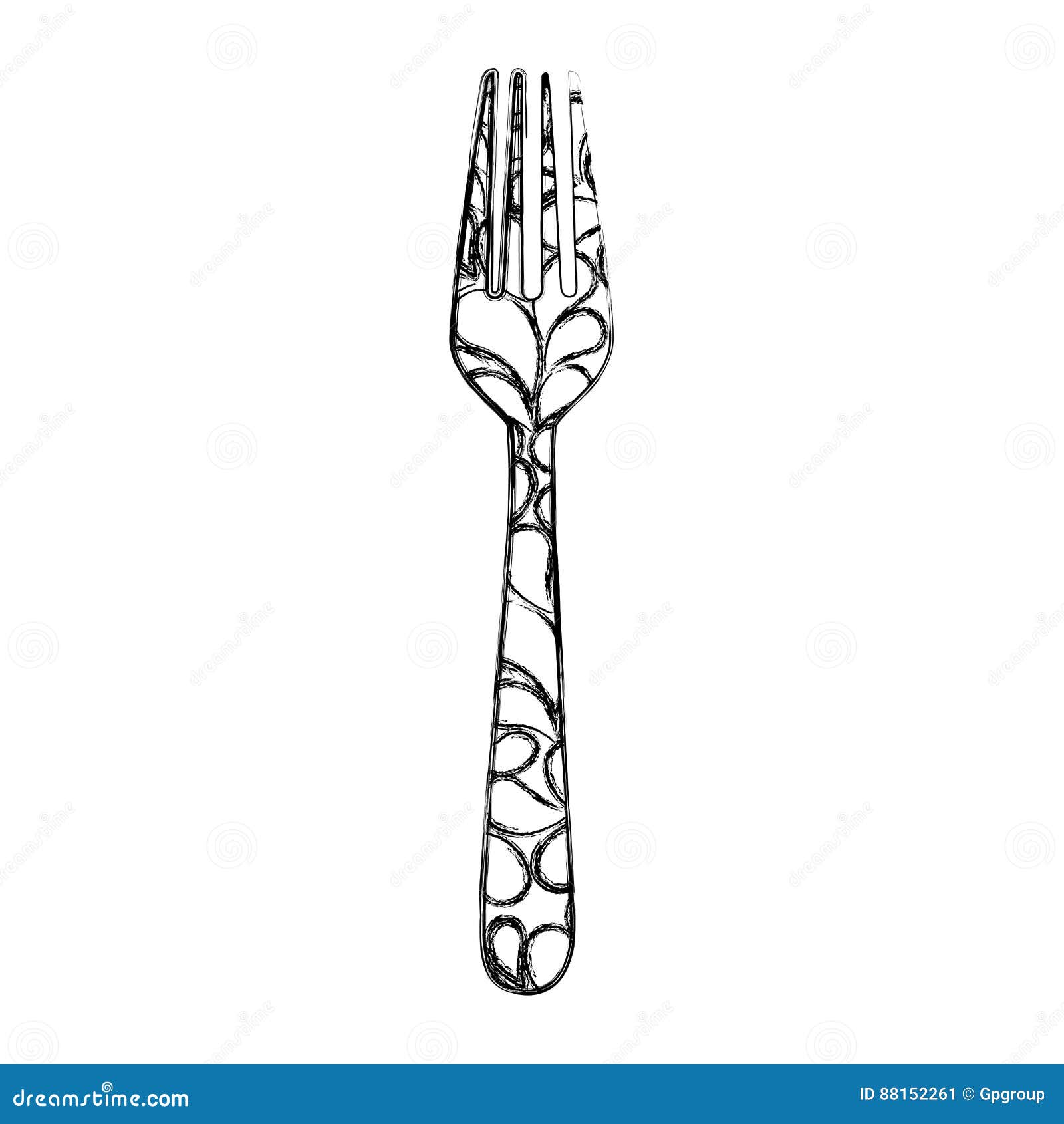 Sketch of Monochrome Contour of Kitchen Fork with Decorative Leaves ...