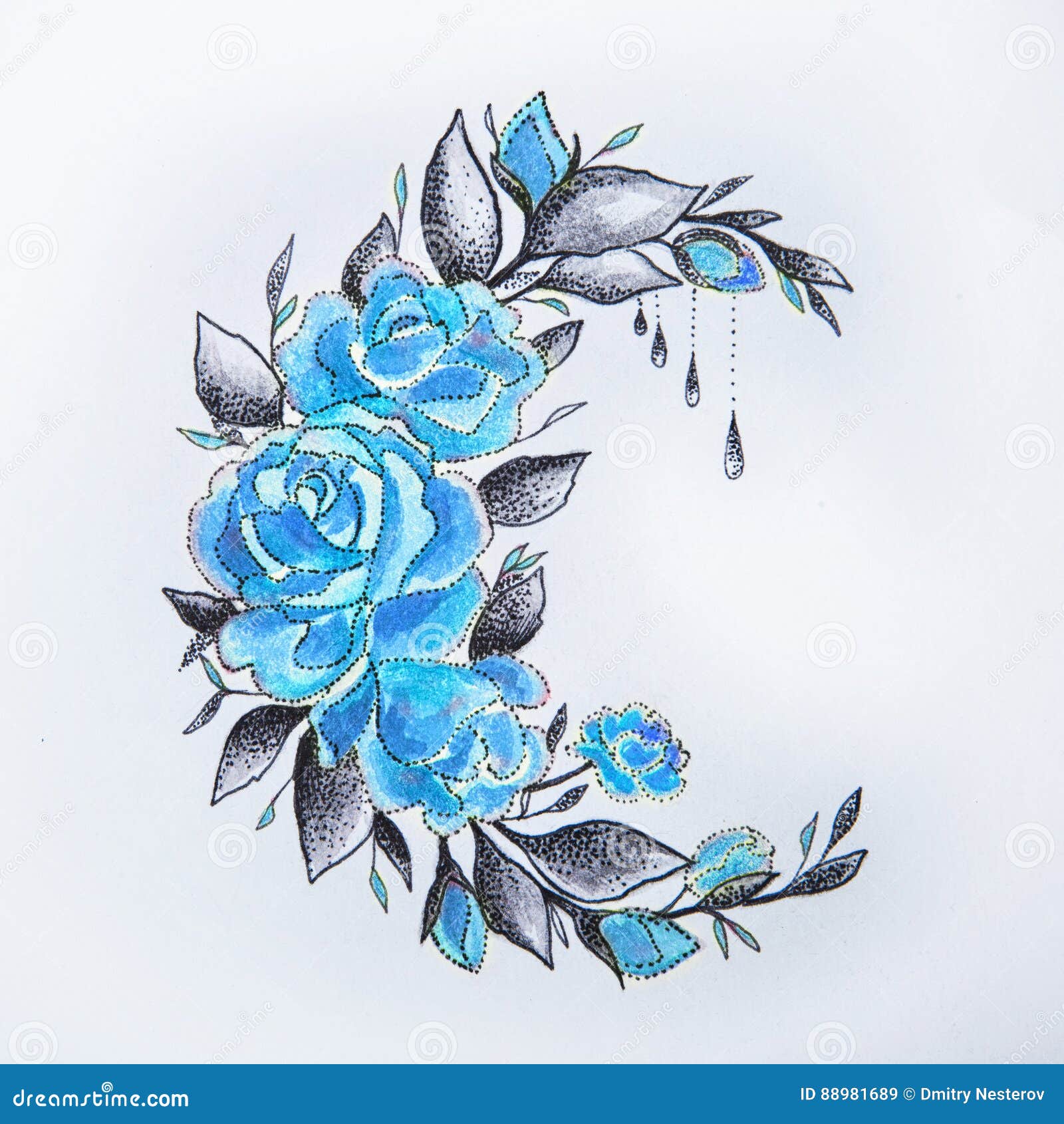 Sketch of the Moon with Flowers on a White Background. Stock ...