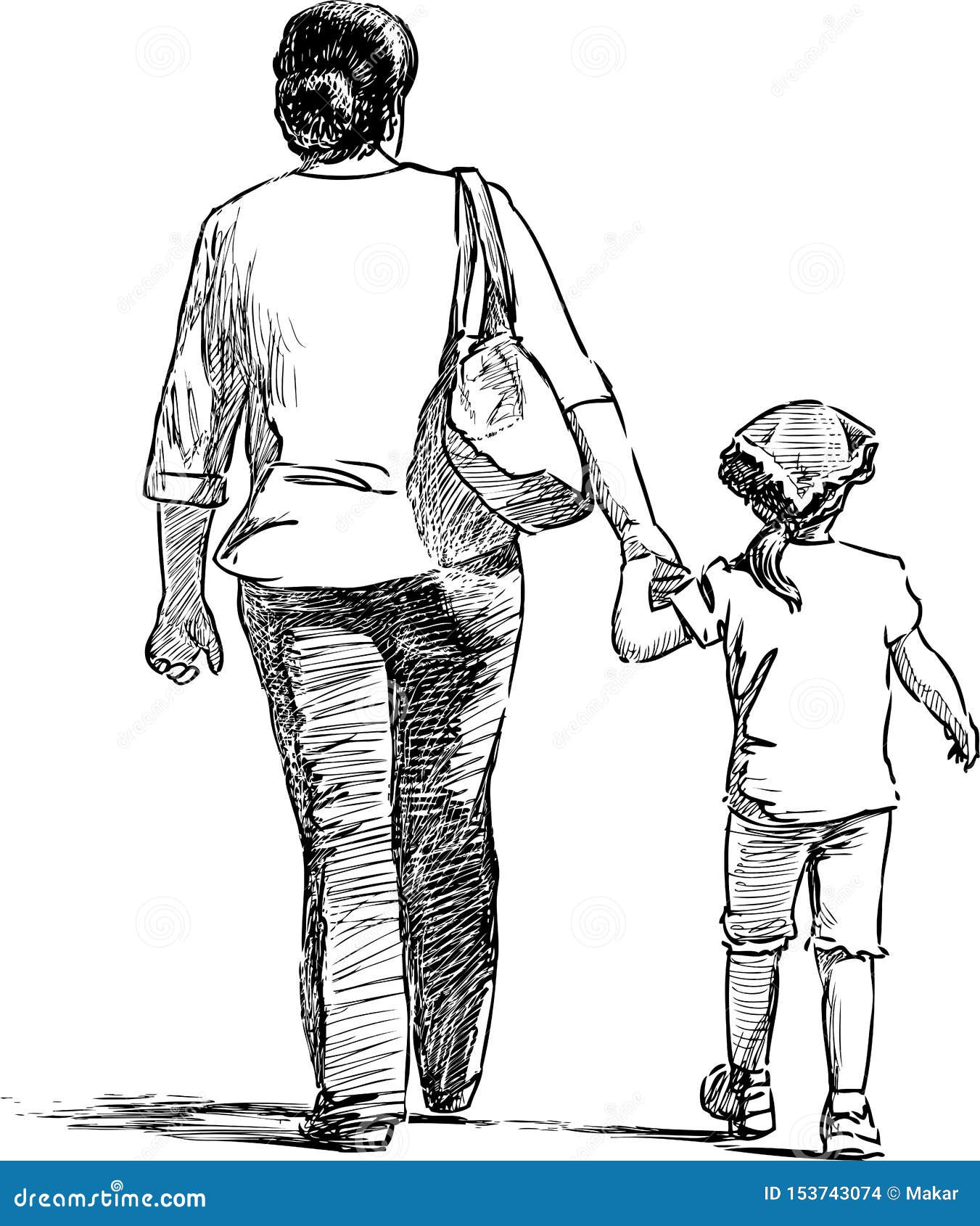 Sketch of a Mother with Her Little Daughter Going on a Stroll Stock ...