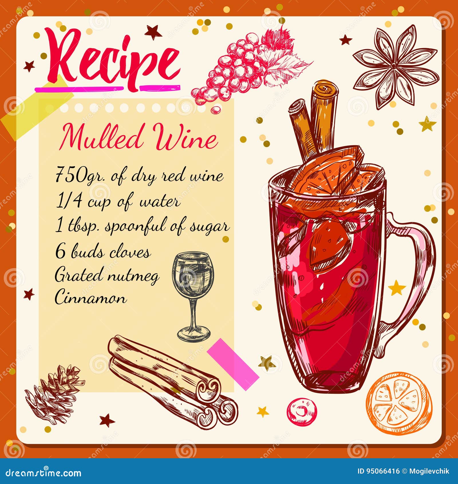 Sketch Mulled Wine Recipe stock vector. Illustration of punch - 95066416