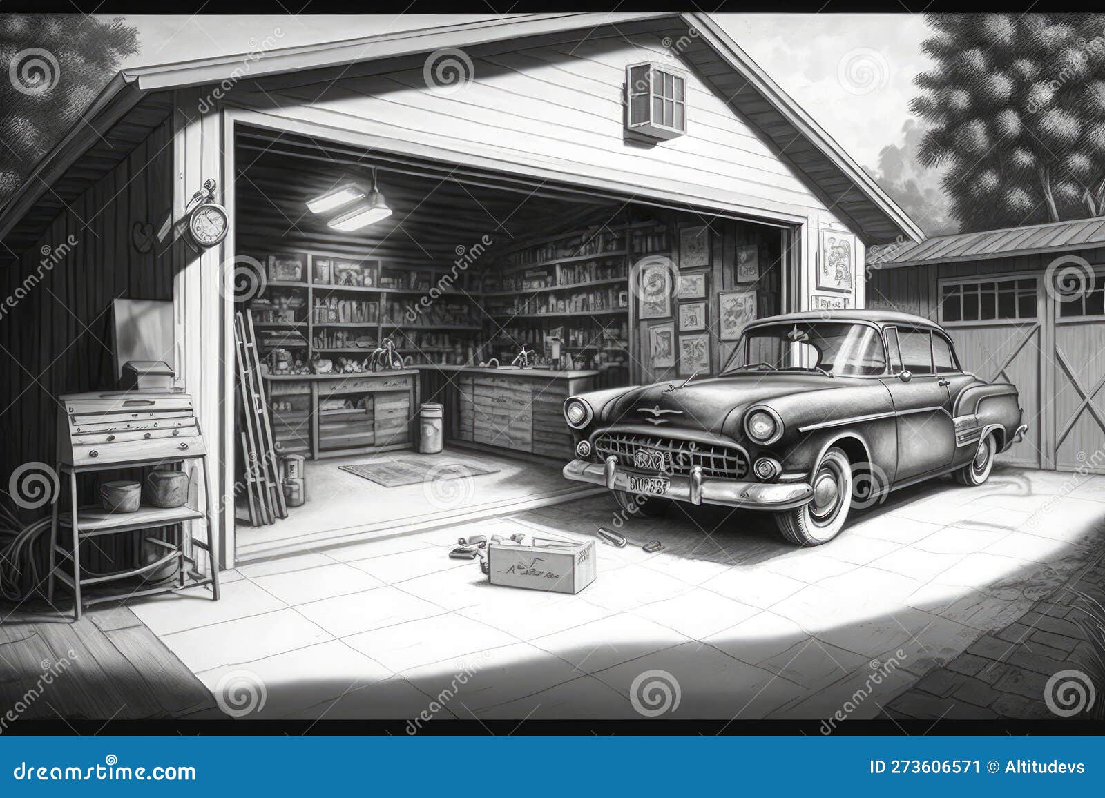 Sketch of Old-fashioned Garage, with Classic Car and Toolbox on the ...