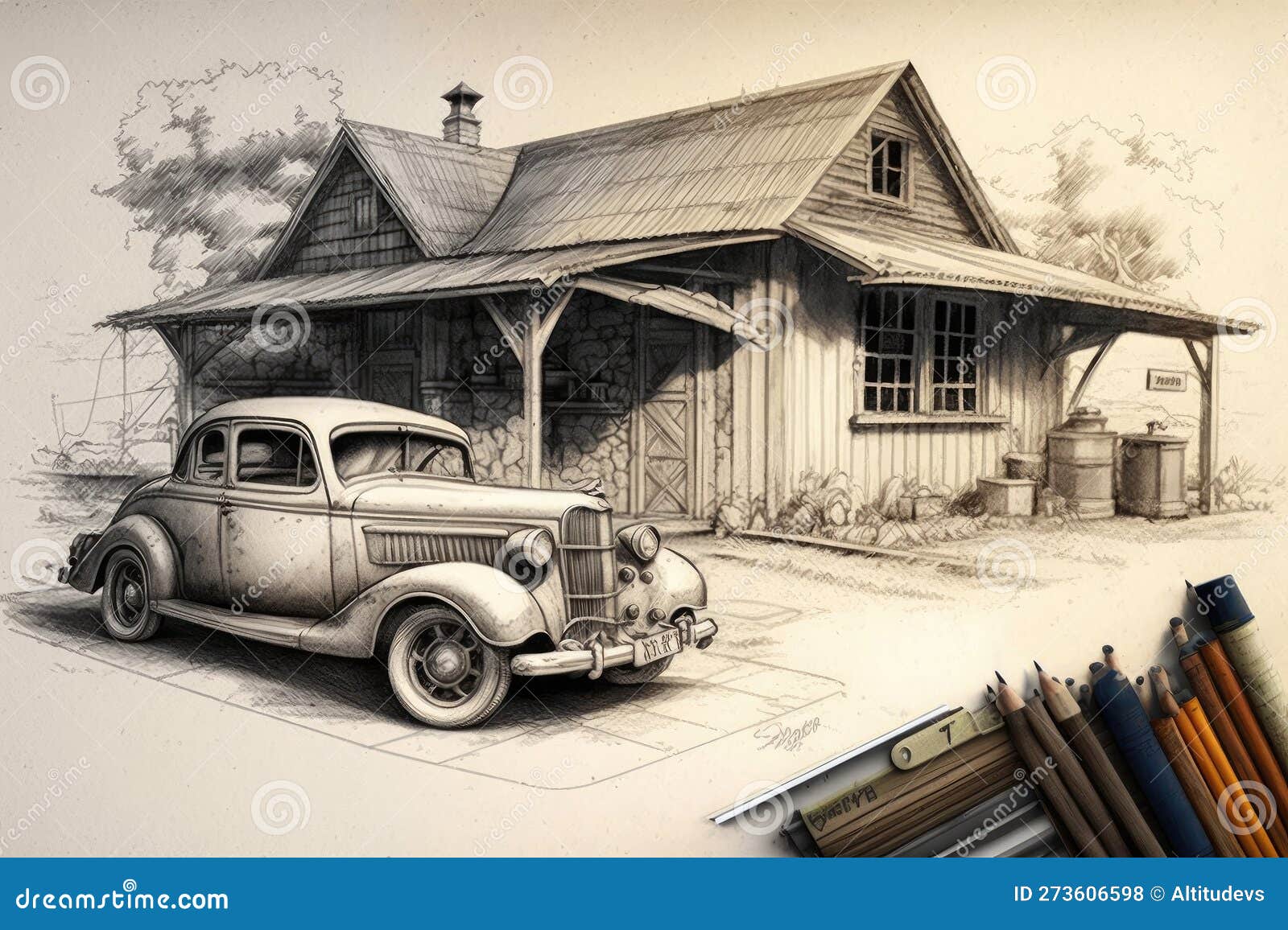 Sketch of Old-fashioned Garage, with Classic Car and Toolbox on the ...