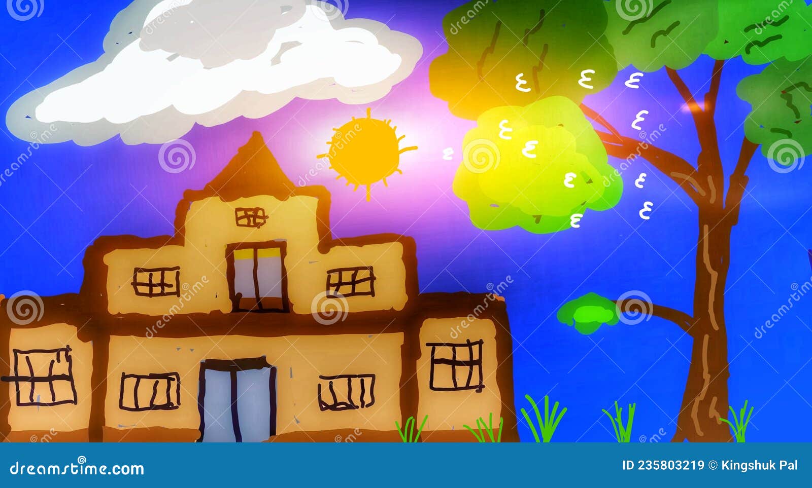 Sketch of Old House with Tree and Cloud, on Sunrise Background Stock ...
