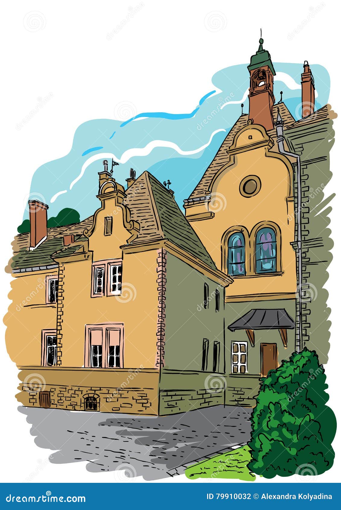 A Sketch of the Old Town Street Stock Vector - Illustration of district ...