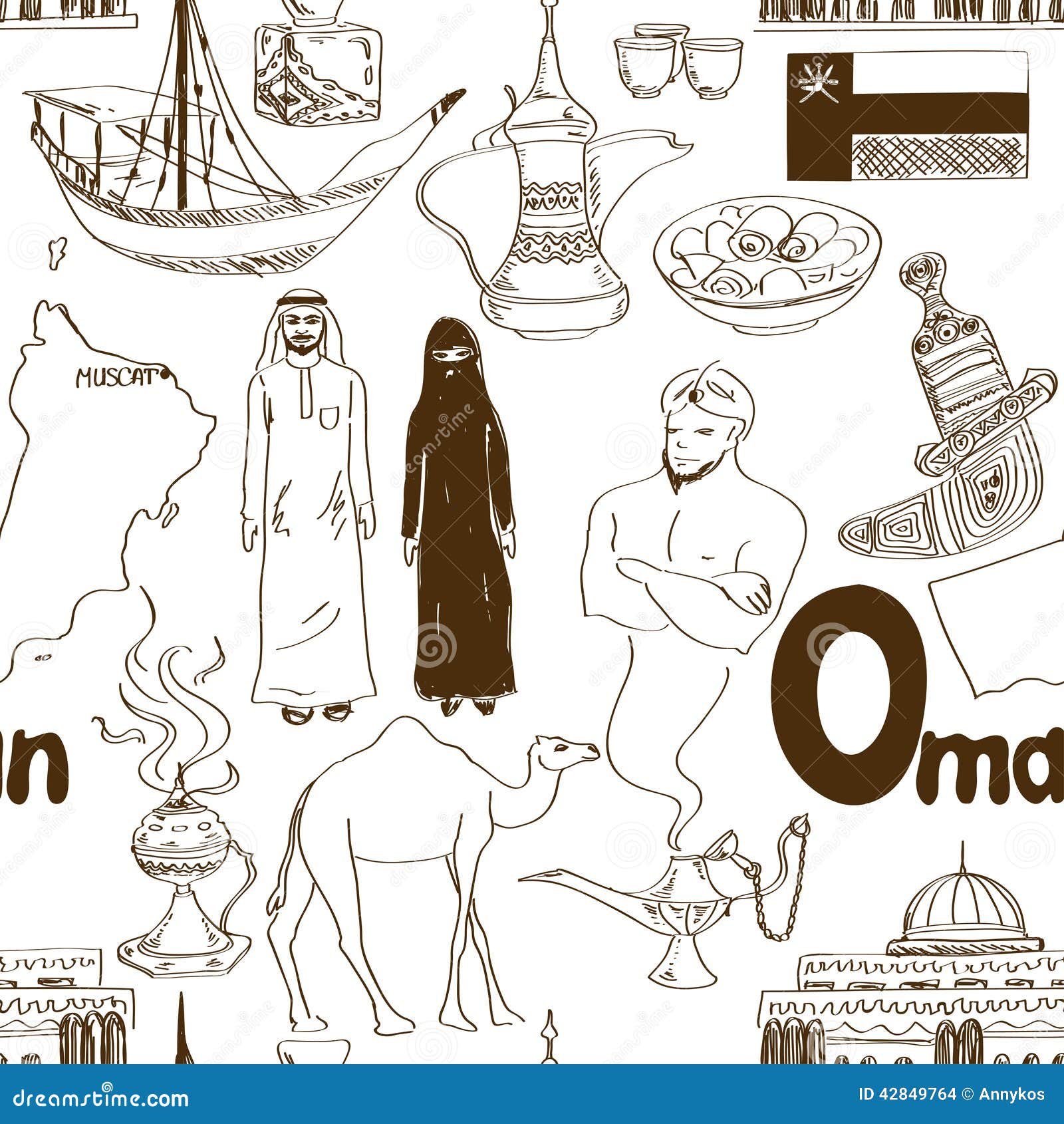 Sketch Oman Seamless Pattern Stock Vector - Illustration of dhows ...
