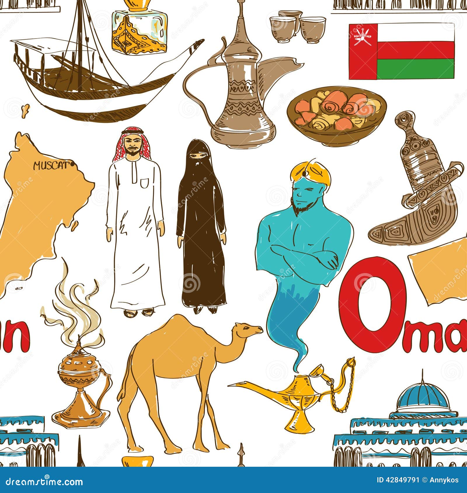 Sketch Oman Seamless Pattern Stock Vector - Illustration of mosque ...