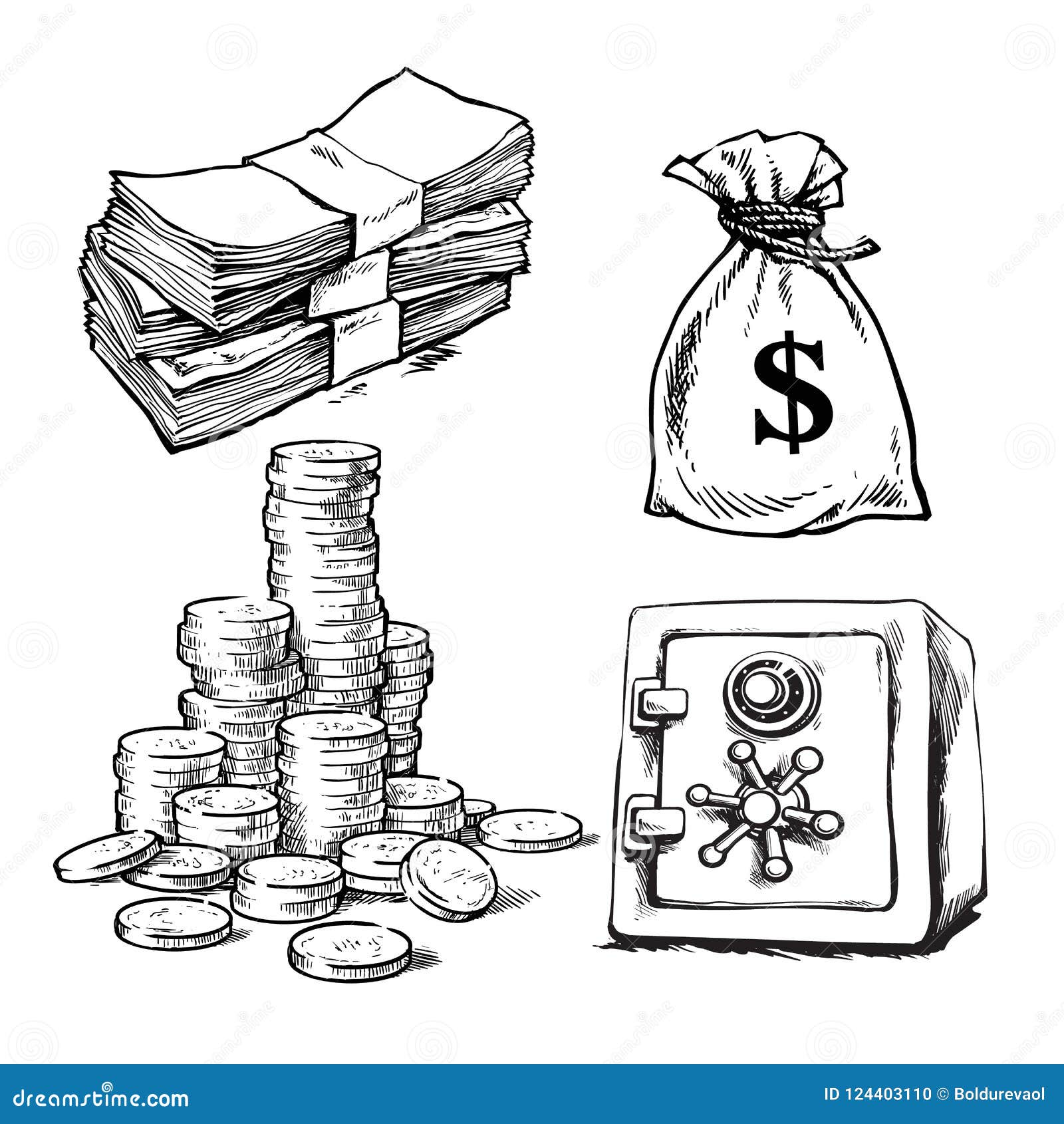 Sketch of Paper Money, Stack of Coins, Sack of Dollars, Bank Safe ... Sketch of Paper Money, Stack of Coins, Sack of Dollars, Bank Safe ...