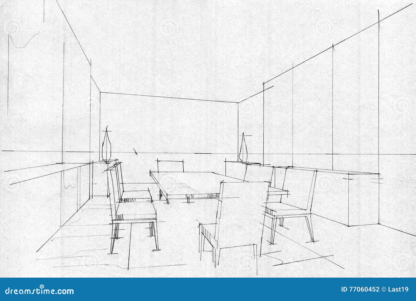 Sketch Perspective Interior Dining Roomcorridor , Black and White ...