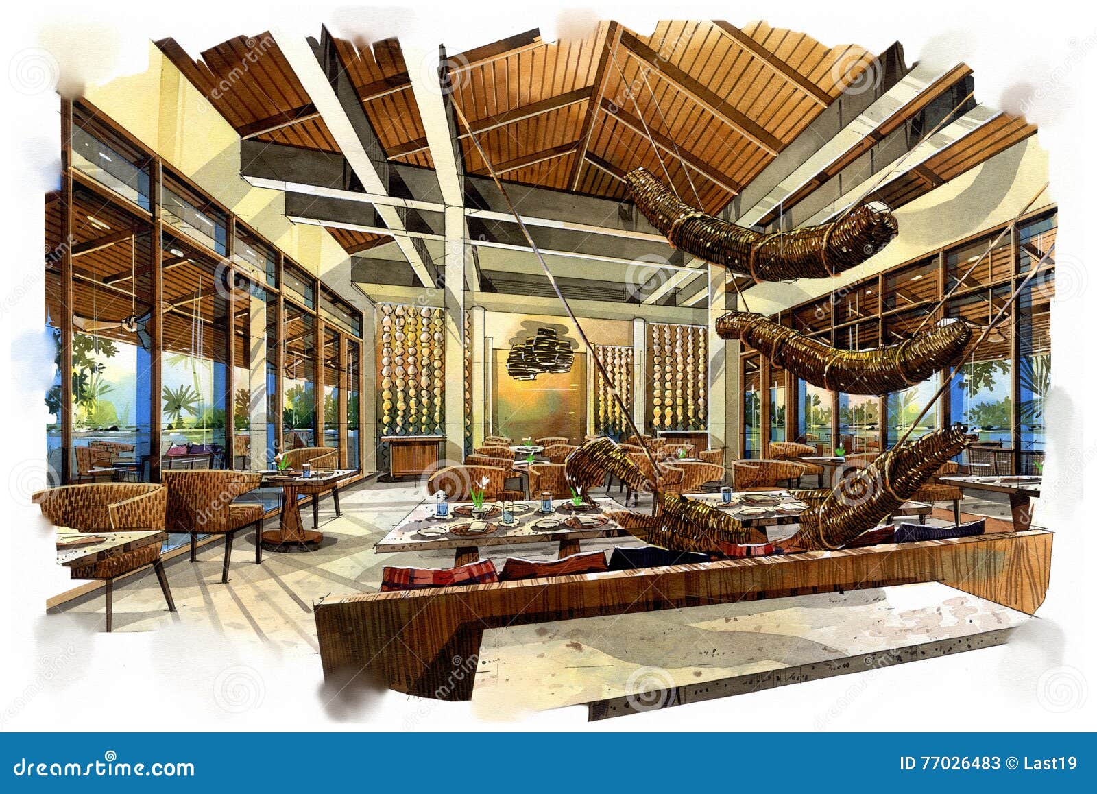 Sketch Perspective Interior Restaurant into a Watercolor Stock ...