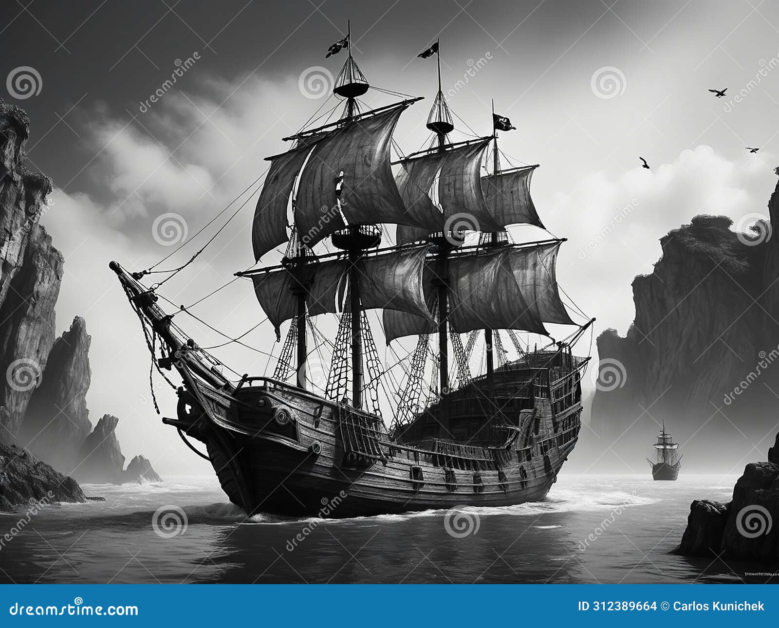 A Sketch of a Pirate Ship in Black-and-white with Realistic Textures ...