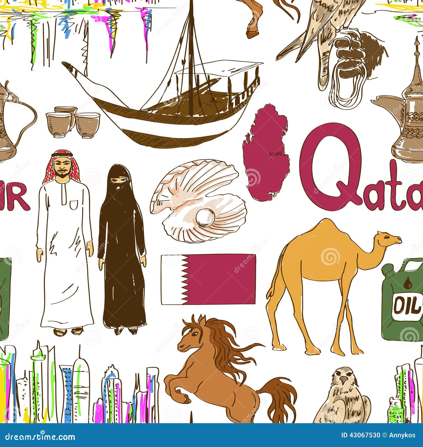 Sketch Qatar Seamless Pattern Stock Vector - Illustration of falconry ...