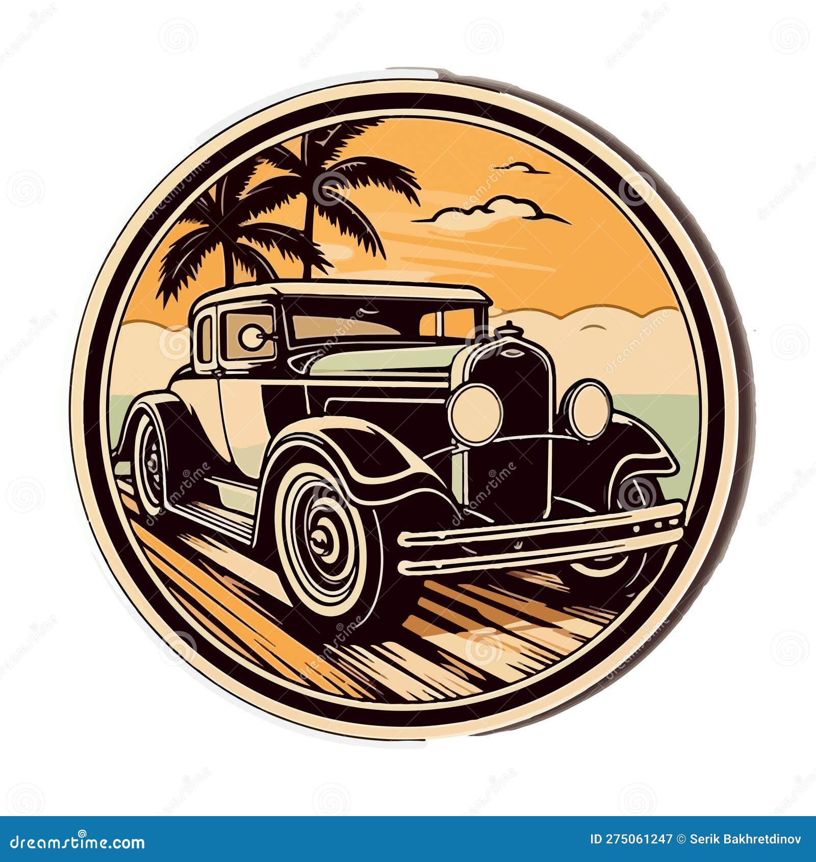 Sketch of Retro Car Sticker on Sky Background. for Your Design Stock ...