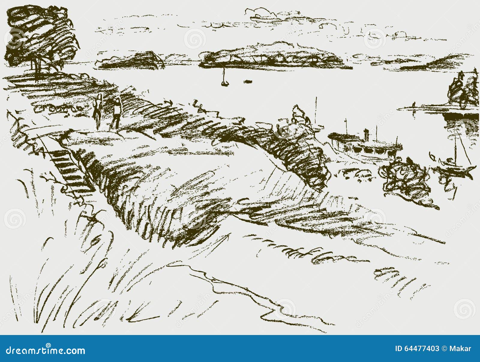 Sketch of the riverside stock vector. Illustration of vector - 64477403