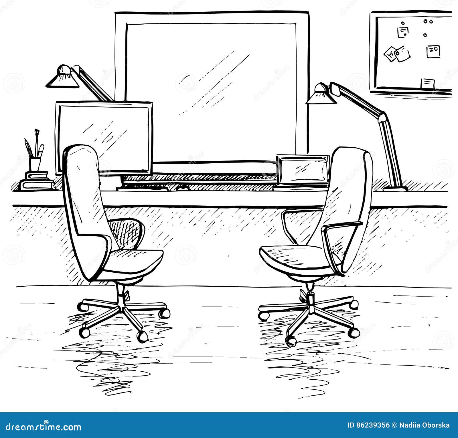 Sketch The Room. Two Office Chairs, Desk, Various Objects On The Table ...
