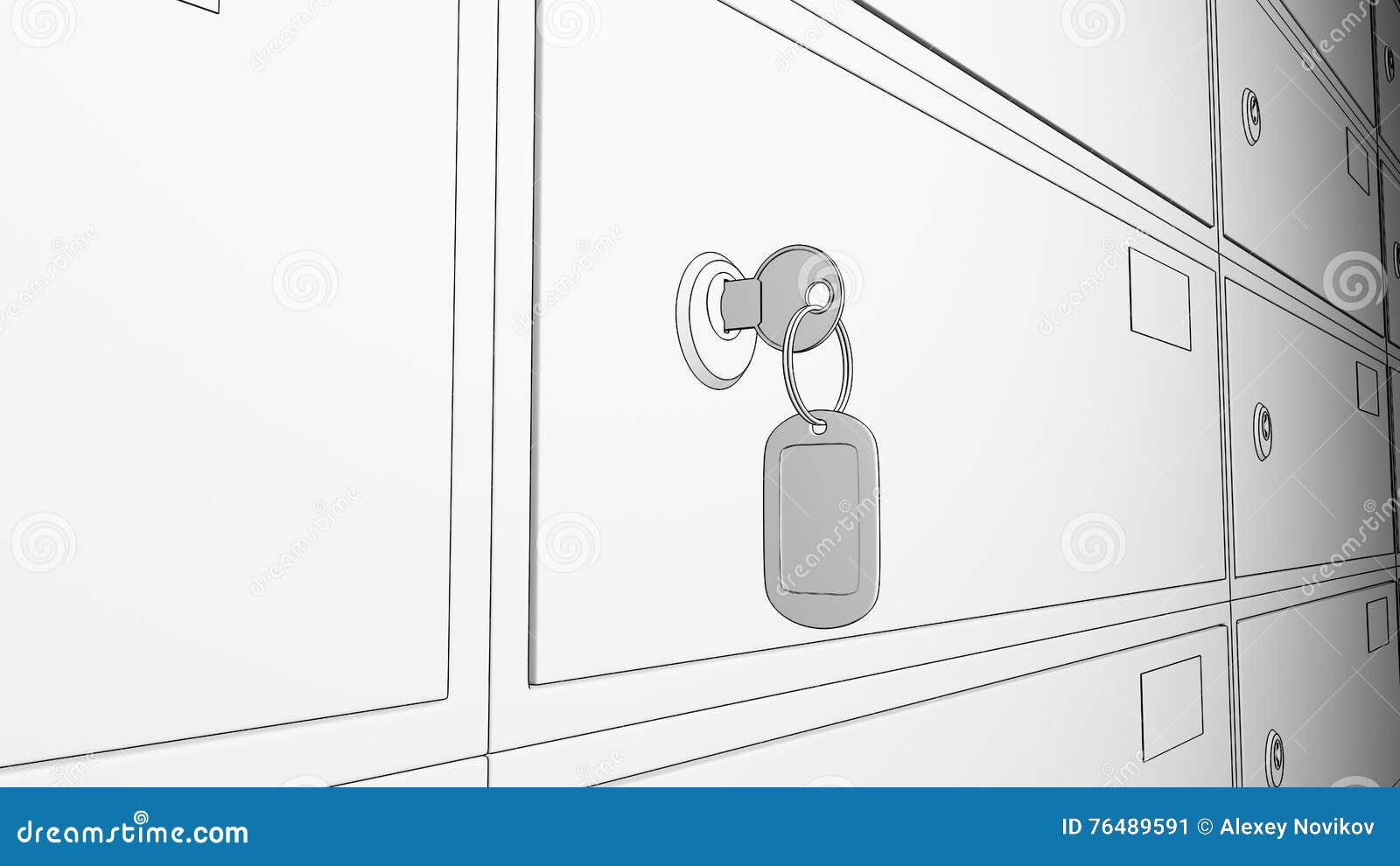 Sketch Row of Safe Deposit Boxes and Inserted Key. 3D Rendering Stock ...