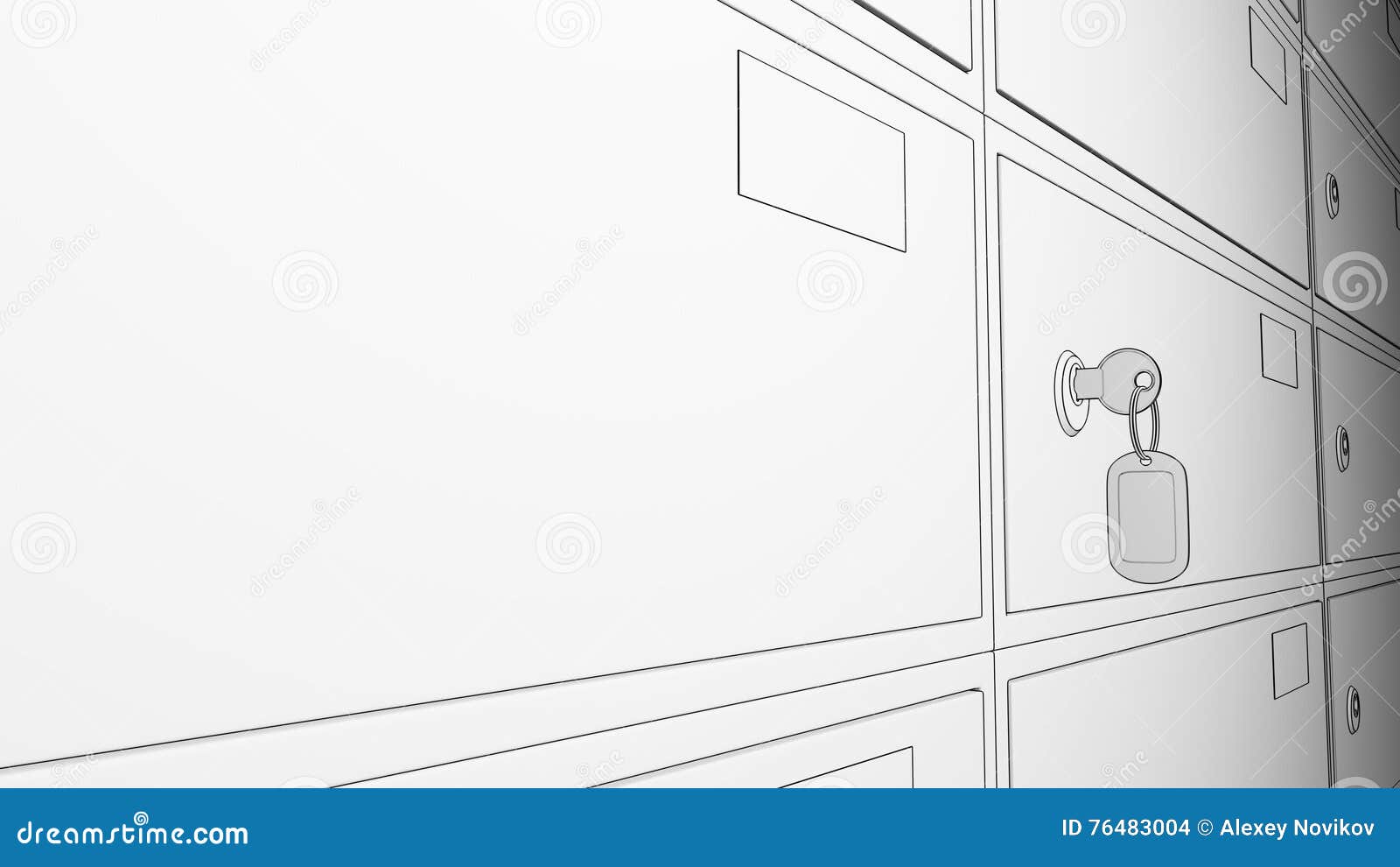 Sketch Rows of Safe Deposit Boxes and Inserted Key with Tag. 3D ...