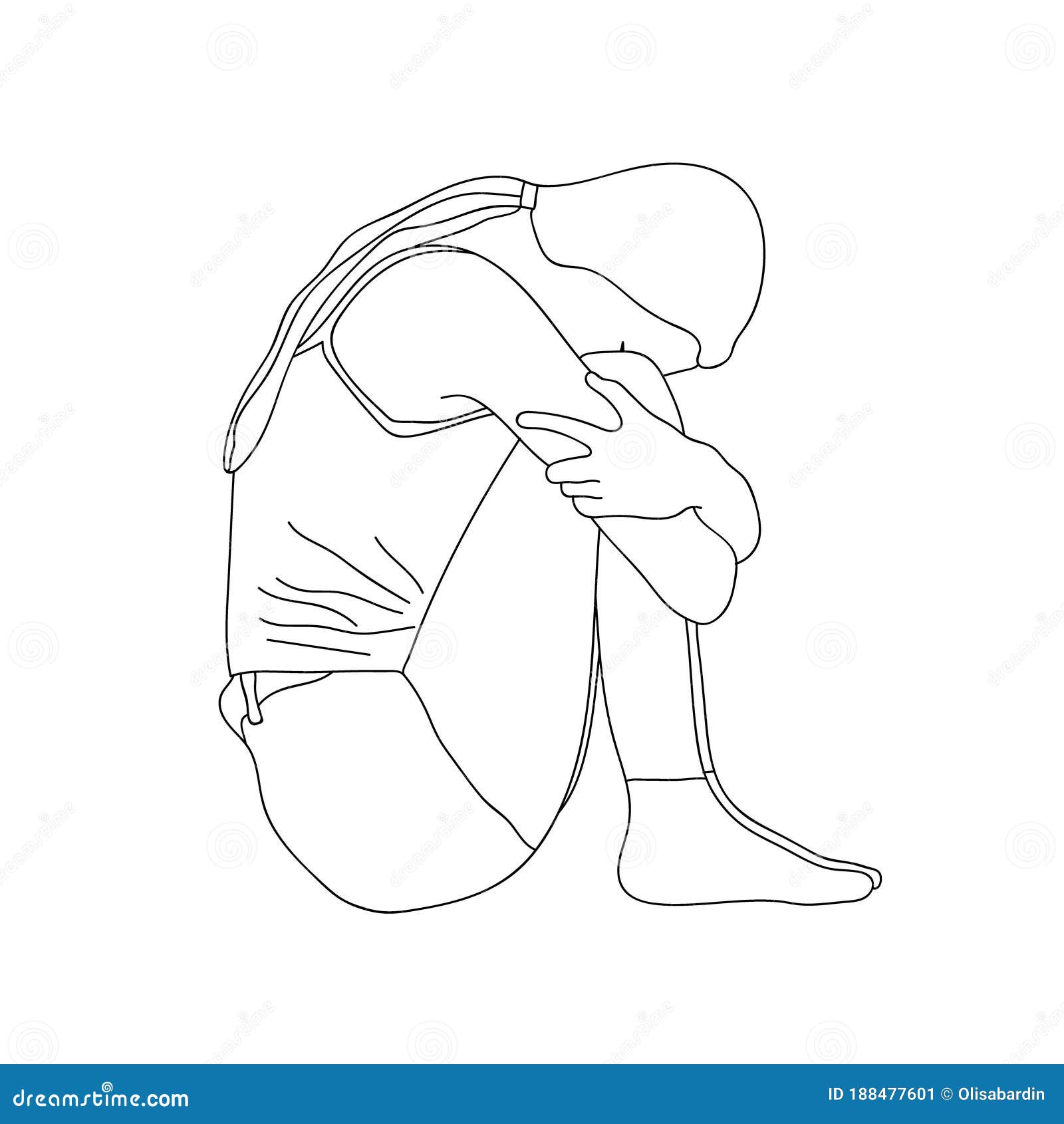 Sketch Of A Sad Lonely Young Girl Sitting On The Floor And Hugging Her