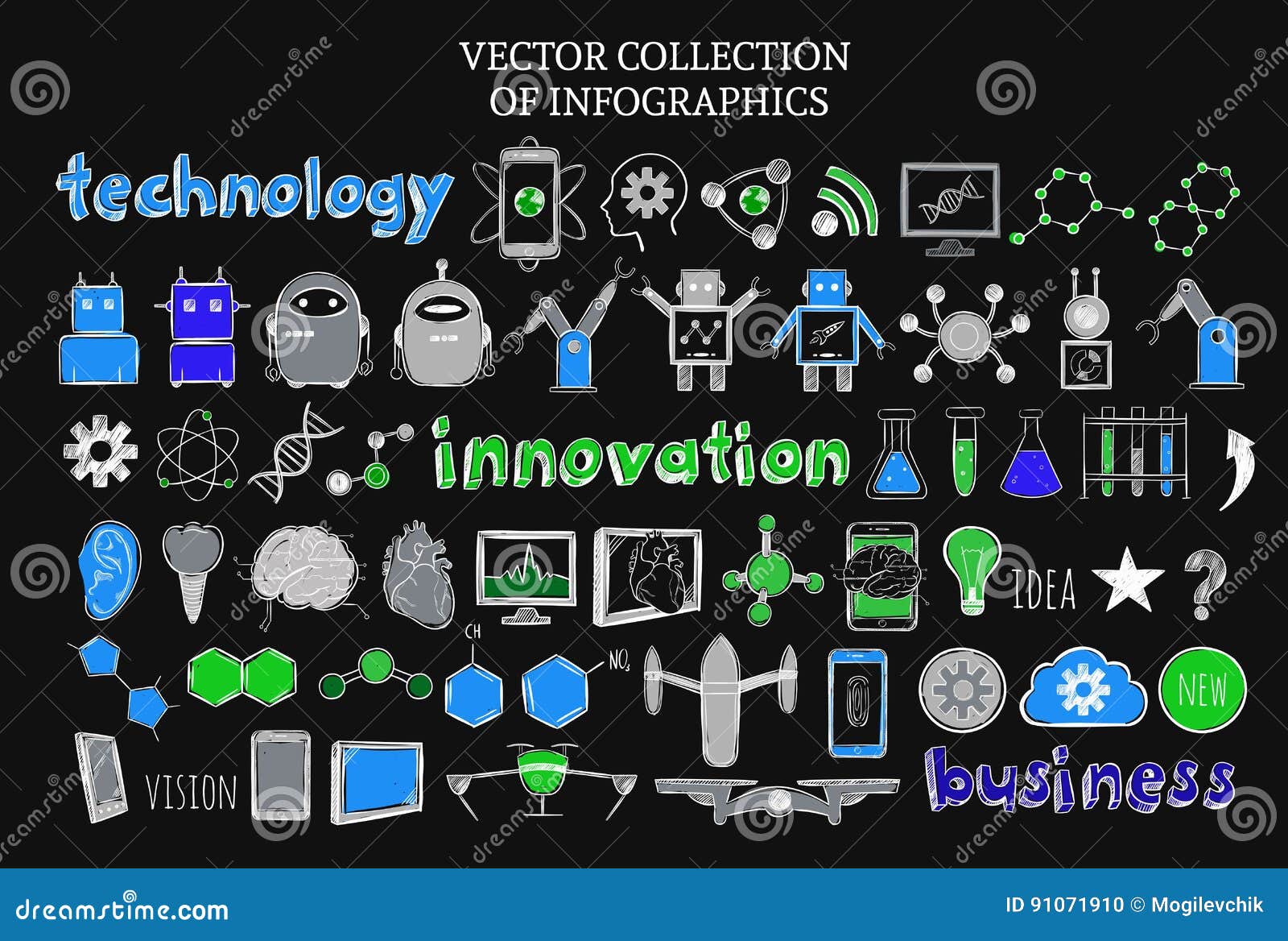 Sketch Science and Technology Elements Set Stock Vector - Illustration ...