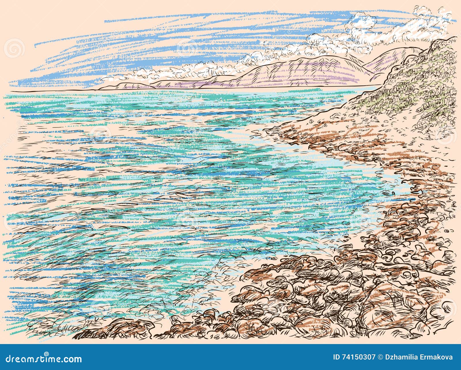 Sketch of the seashore stock vector. Illustration of water - 74150307