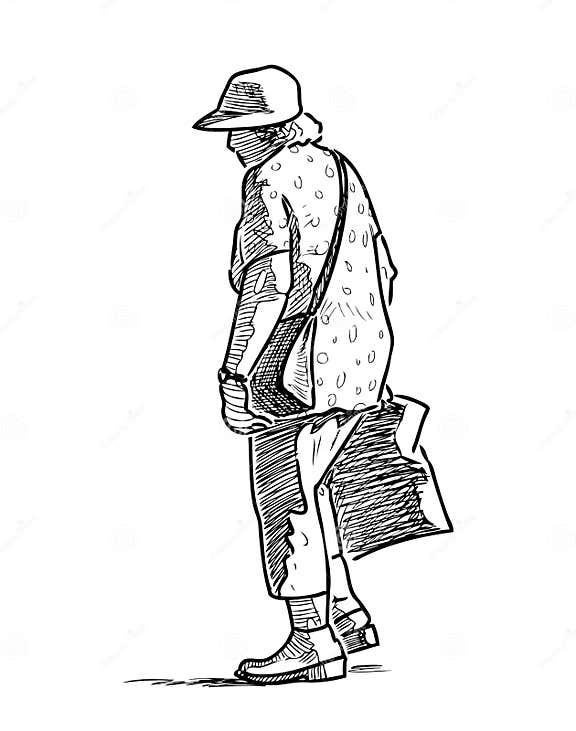 Sketch Of A Senior Woman Going On A Stroll Stock Vector Illustration