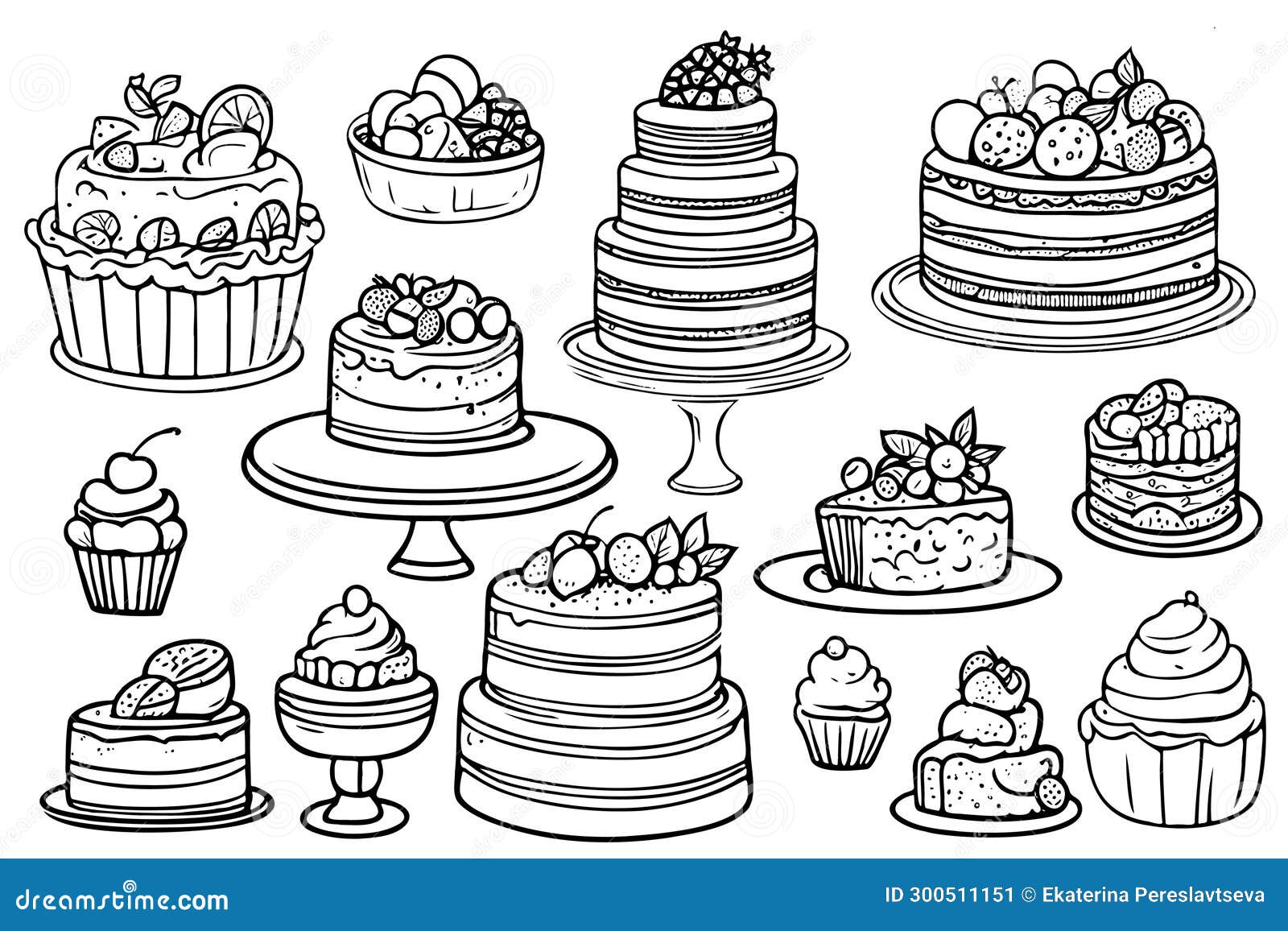 Sketch Set Cake Doodle Illustrations Isolated on White Background. Hand ...
