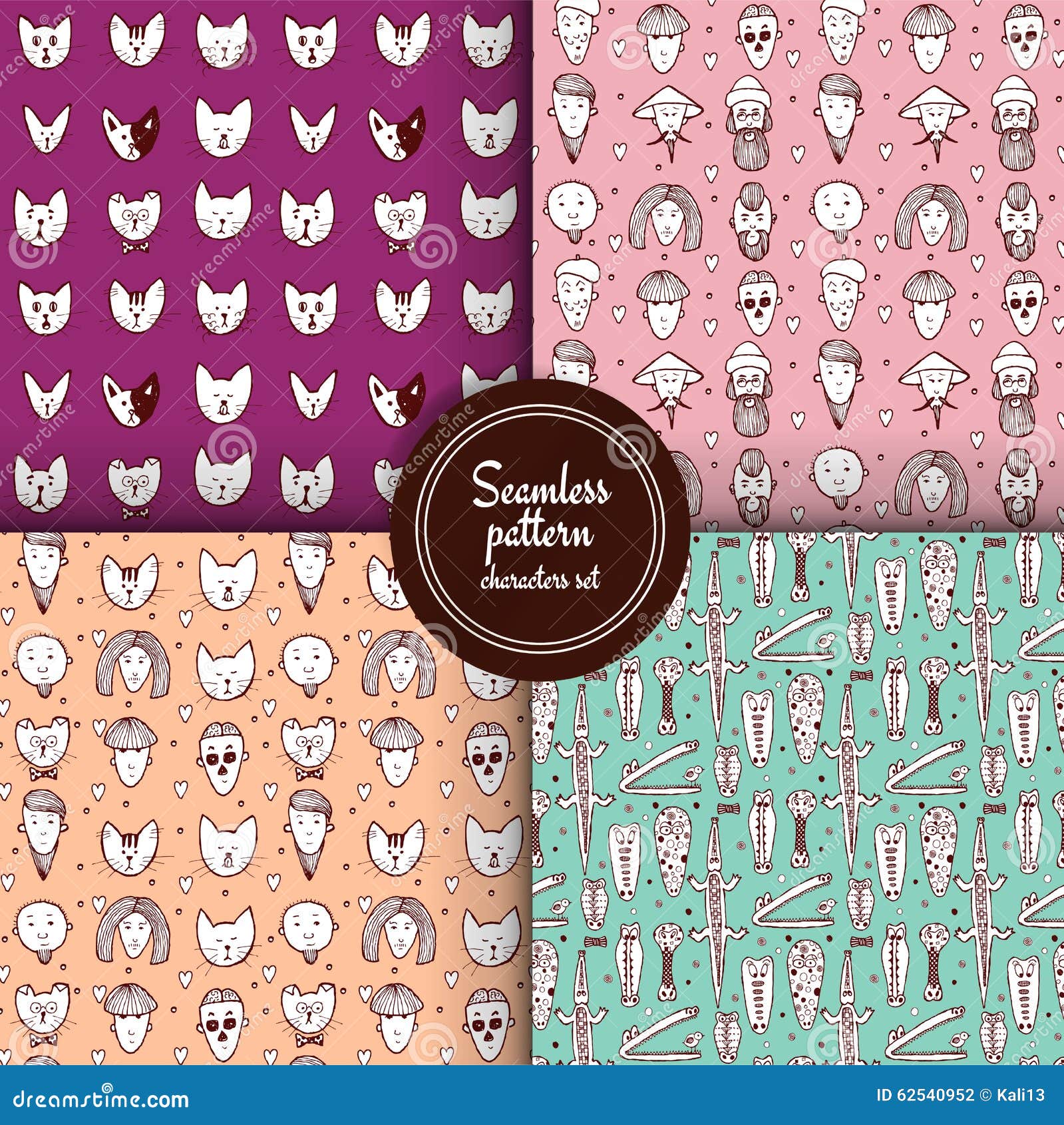 Sketch Set of Patterns with Characters Stock Vector - Illustration of ...