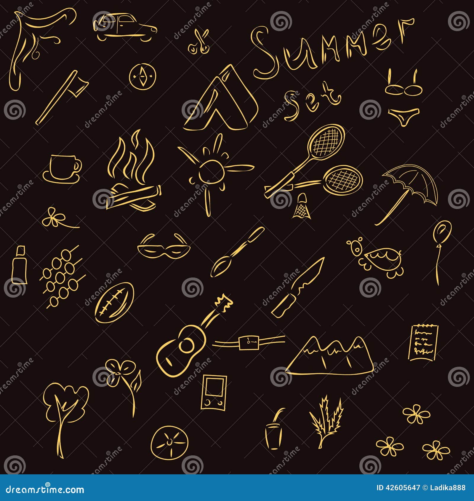 Sketch Set of Summer Objects. Stock Vector - Illustration of collection ...