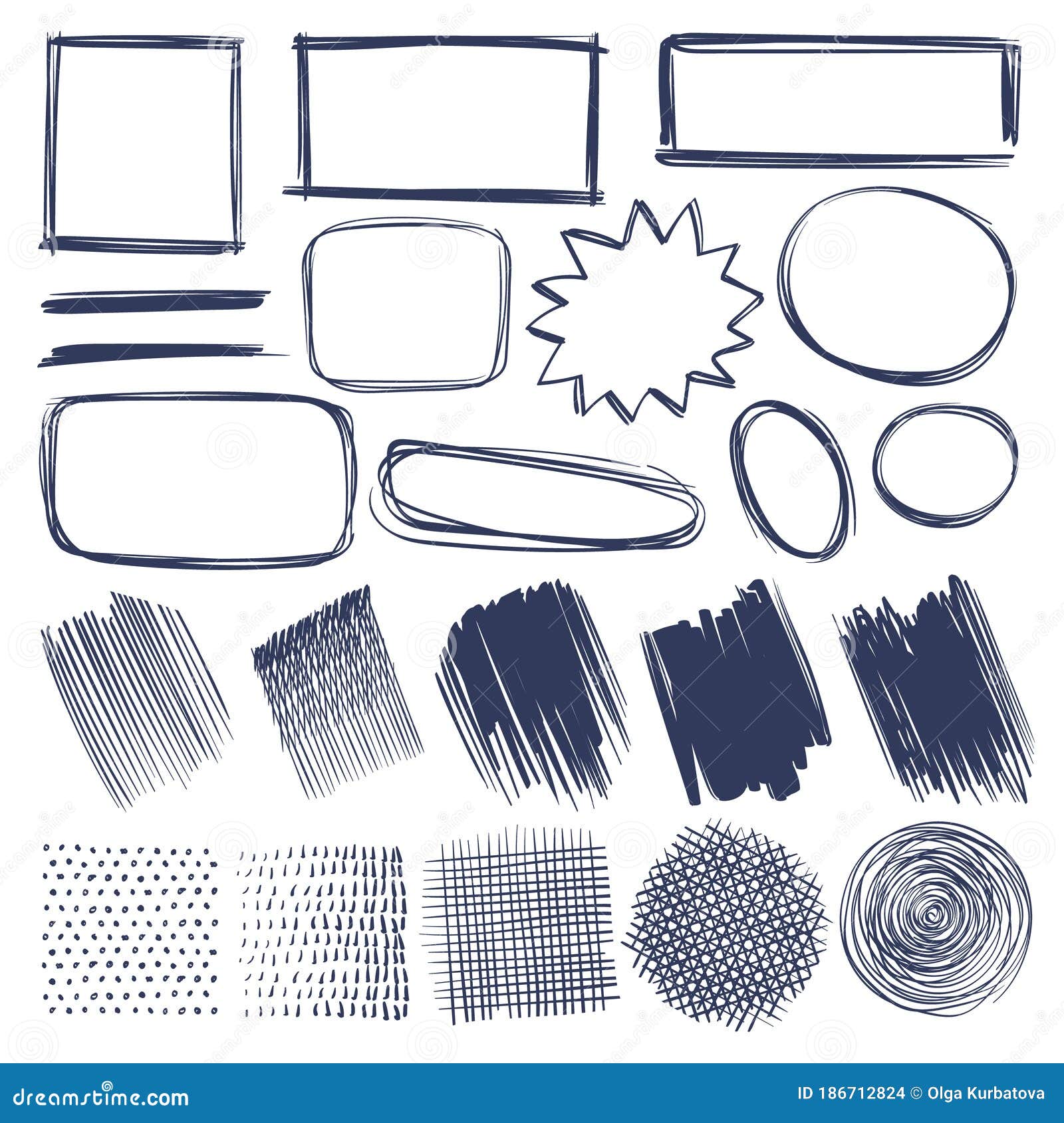 Sketch Shapes. Hand Drawn Monochrome Geometric Elements Frames, Strokes ...