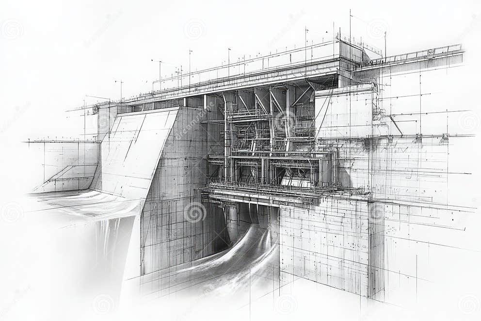 Hydroelectric Dam Design Sketch Highlighting Structure and Water Flow ...
