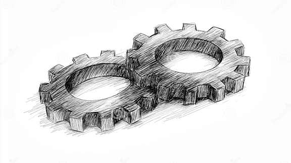Two Gear Wheels Interlocking Working Together Sketch Stock Illustration ...