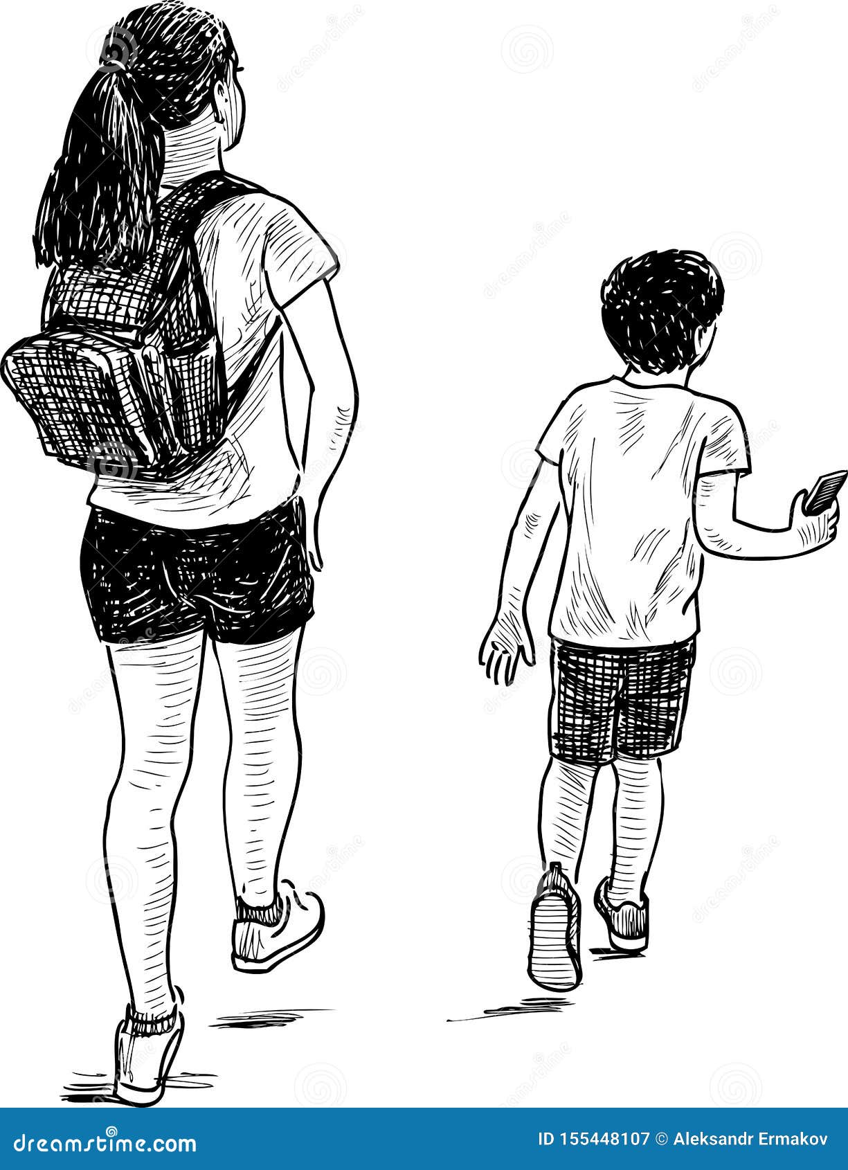 Sketch of the Siblings Going on a Stroll Stock Vector - Illustration of ...