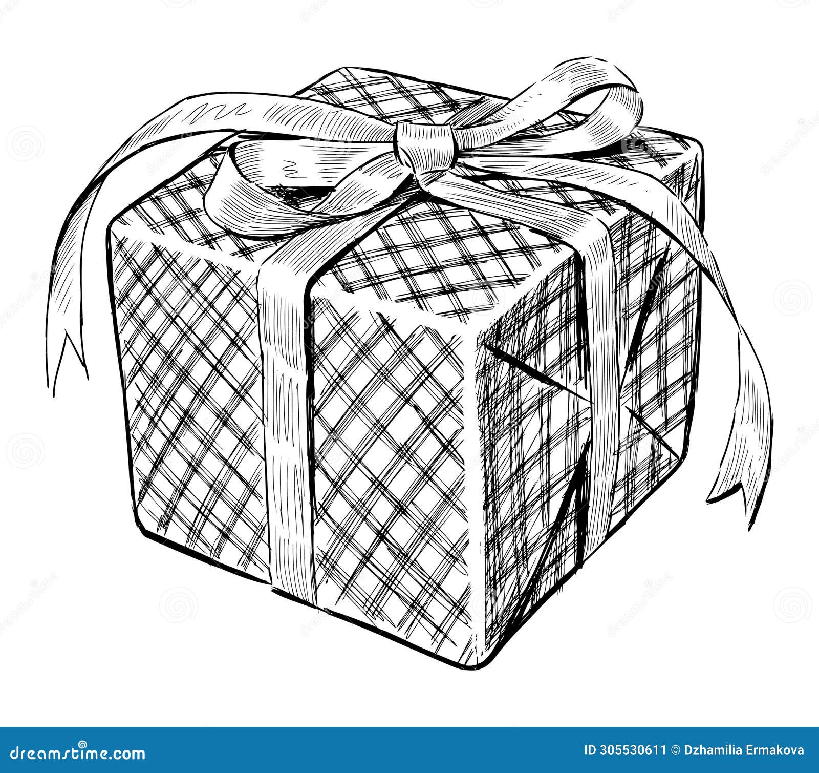 Sketch of Single Gift Box with Ribbon Tied in Decorative Bow, Vector ...
