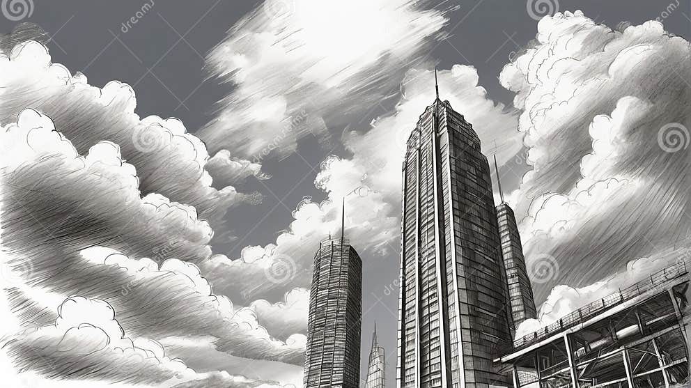 Sketch Skyscraper and White Clouds Below Isolated on White Background ...