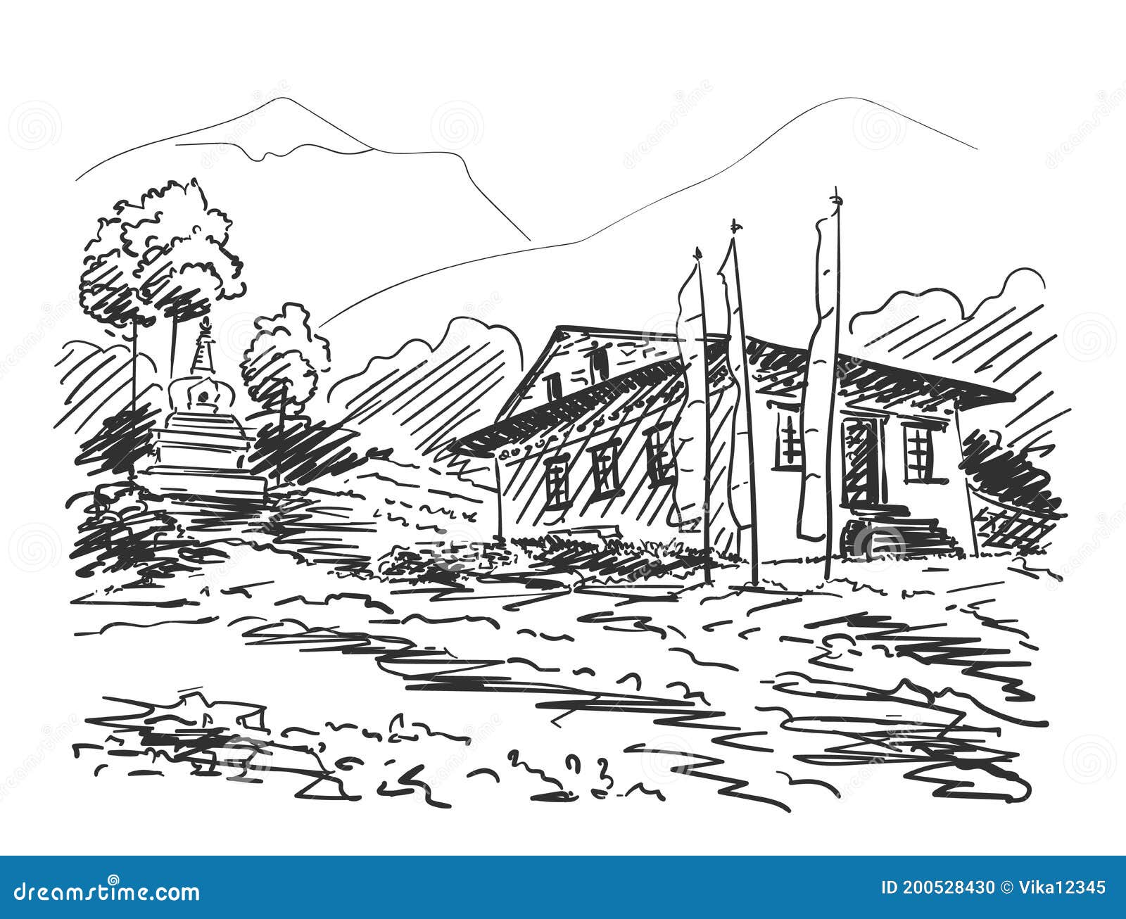 Sketch of Small Monastery with Praying Flags and Small Stupa Surrounded ...