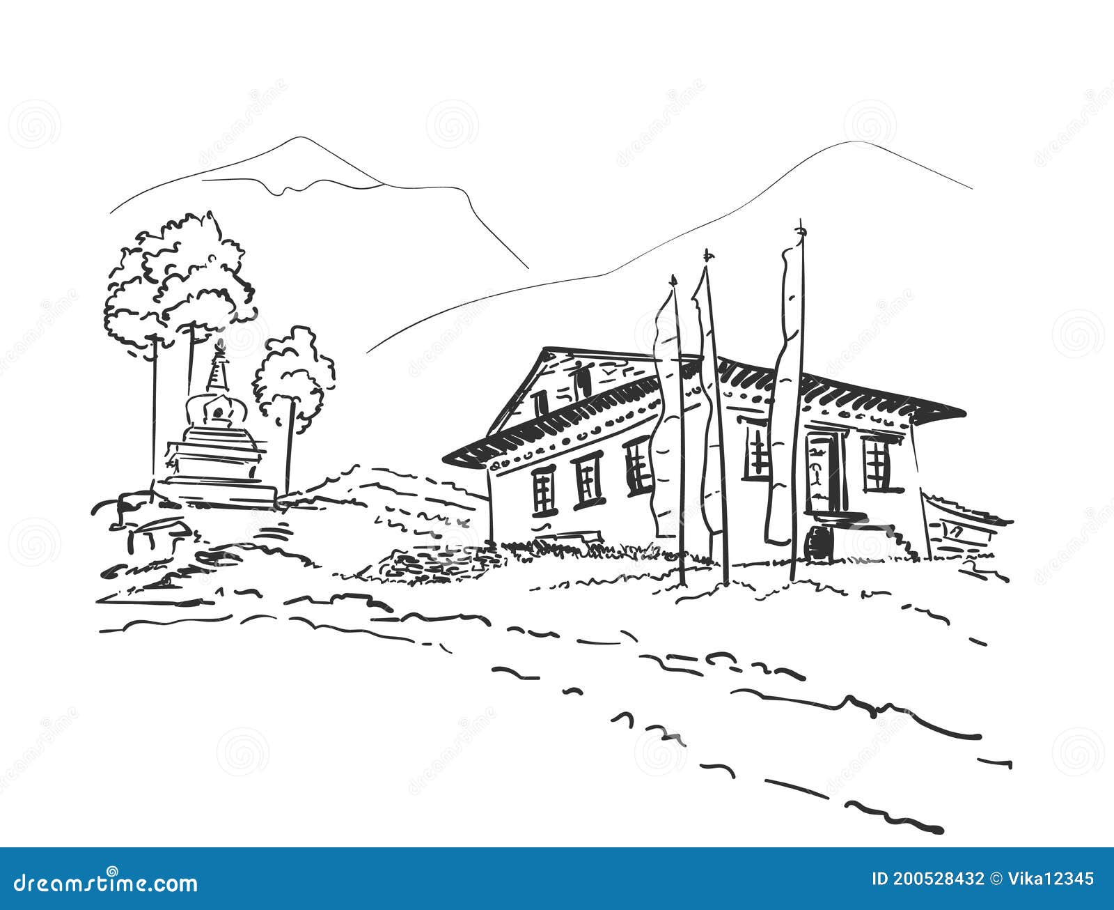 Sketch of Small Monastery with Praying Flags and Small Stupa Surrounded ...
