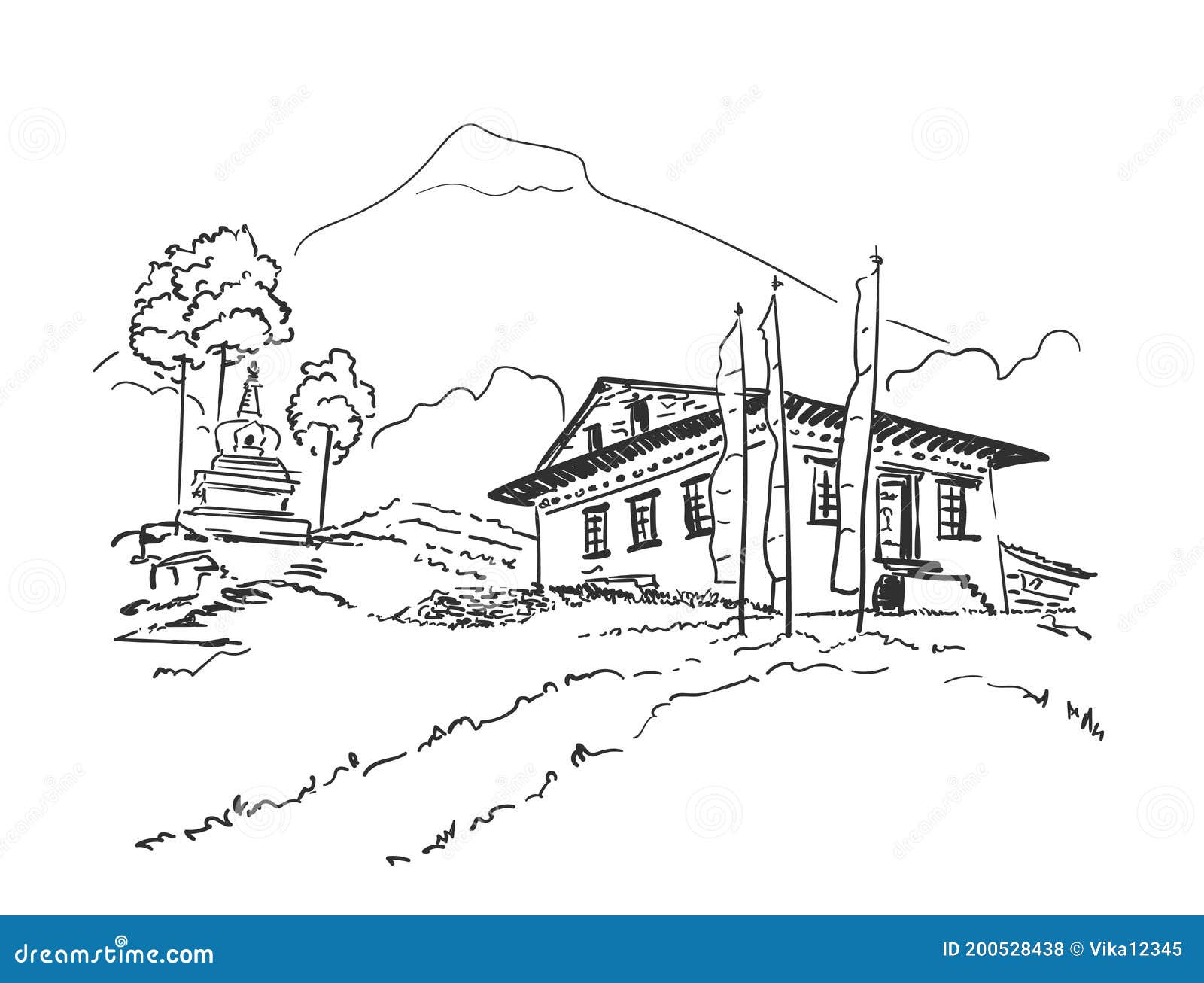 Sketch of Small Monastery with Praying Flags and Small Stupa Surrounded ...
