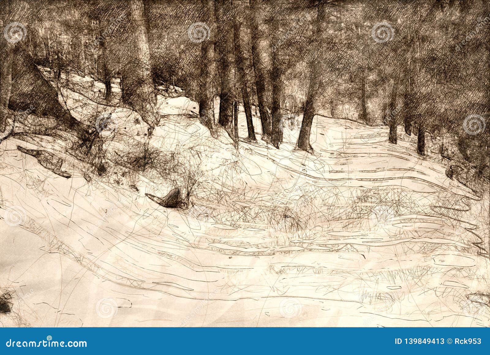 Sketch of a Snow Covered Trail through the Woods Stock Image - Image of ...