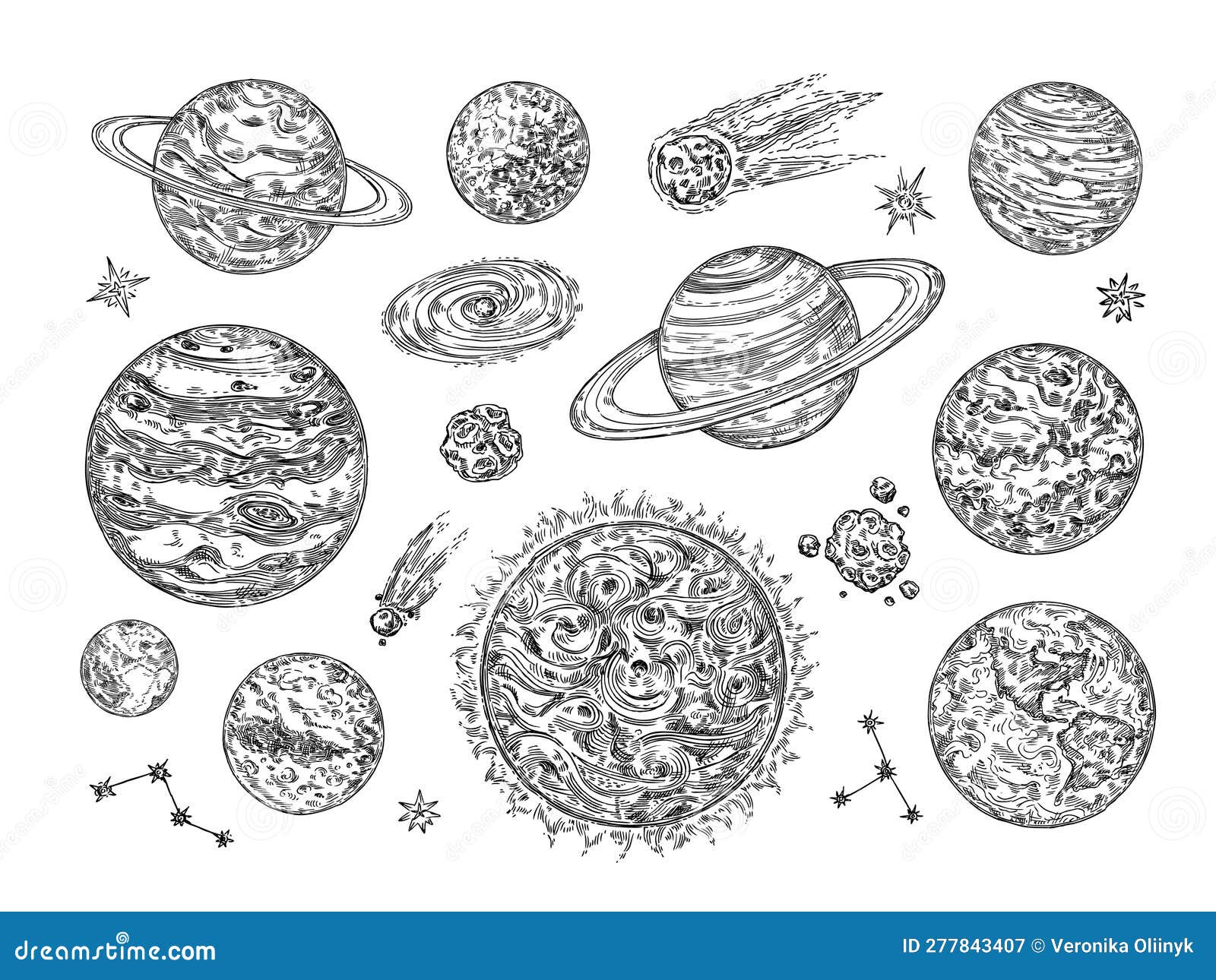 Sketch Solar System Planets. Hand Drawn Comet, Moon, Star, Galaxy and ...